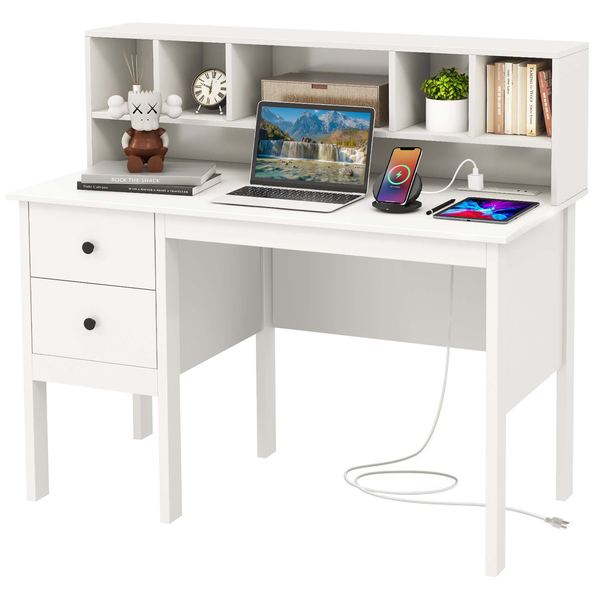 Costway Computer Desk 48 Writing Table w Power Outlets 5 Cubby Hutch 2 Storage Drawers White