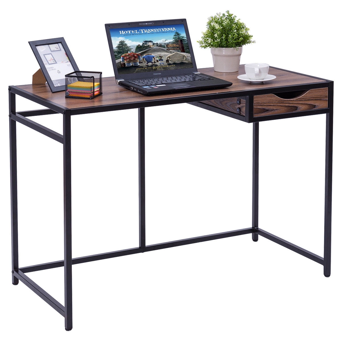 Costway Computer Desk PC Laptop Table Wood Top Metal Frame Writing ...