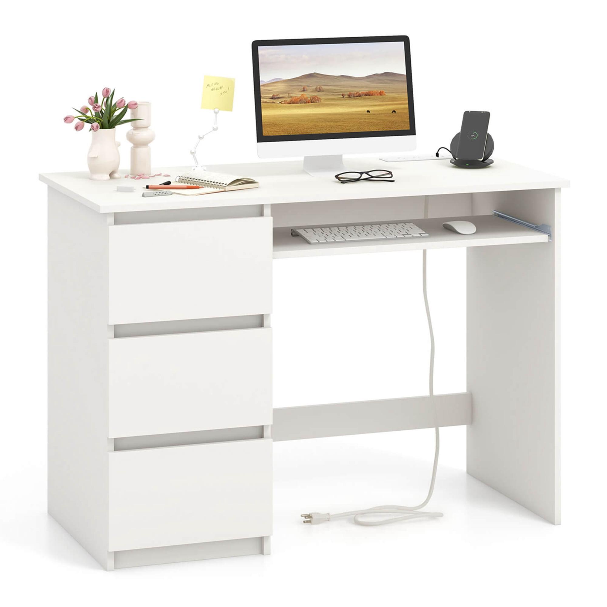 Costway Computer Desk with Power Outlet Keyboard Tray & 3 Large Drawers ...