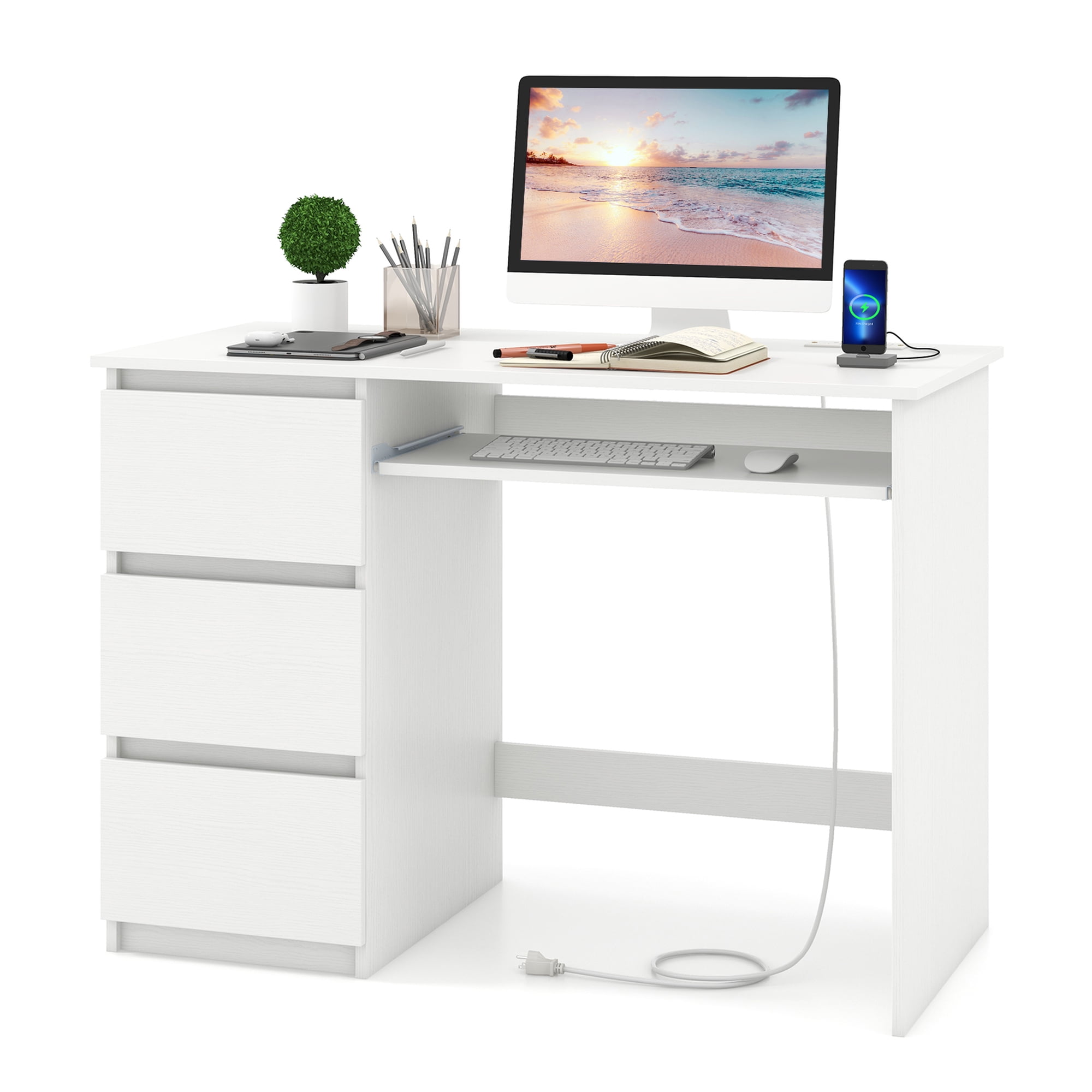 Costway Computer Desk with Built-in Charging Station USB & Type-C Ports ...