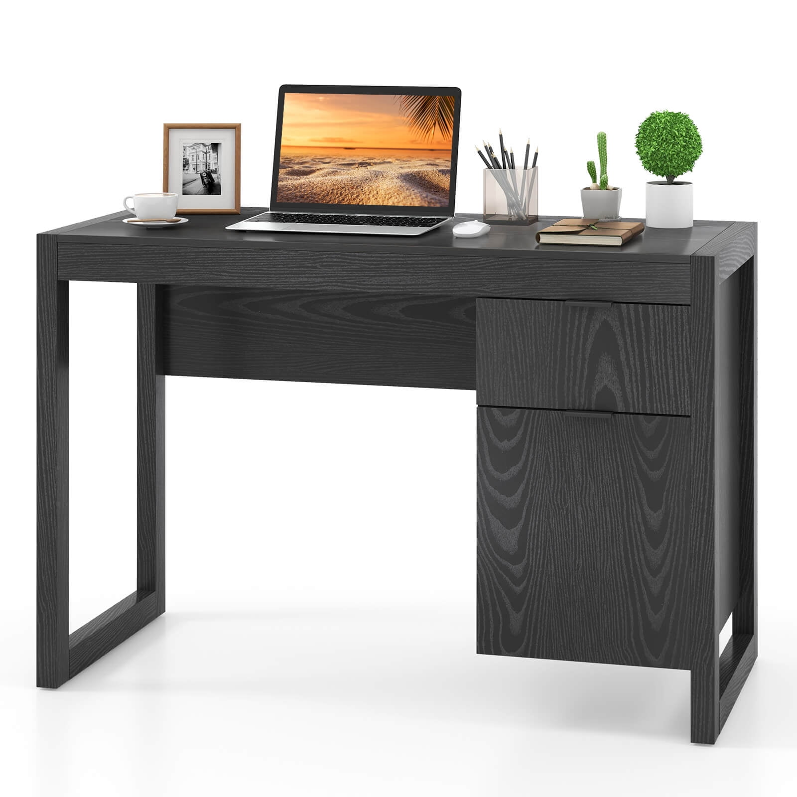 Costway Computer Desk with Storage Cabinet Pull-out Drawer Stable Thick ...