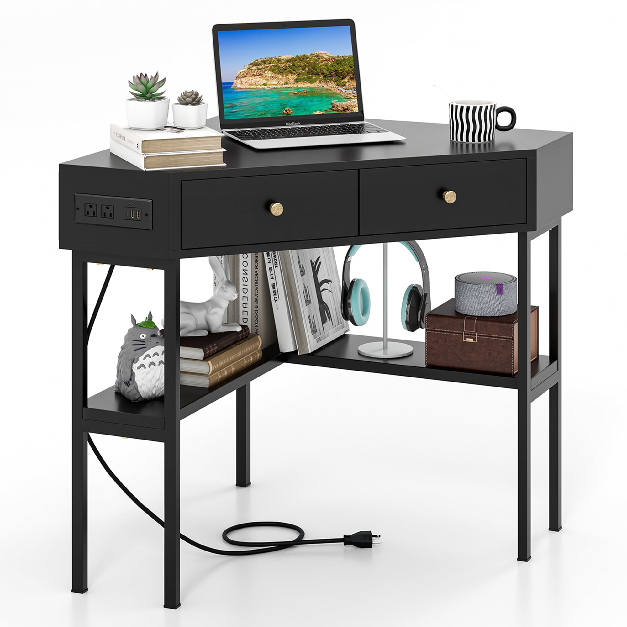 Costway Corner Desk with Multifunctional Electric Plugs, Top Shelf ...