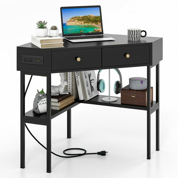Costway Corner Desk with Built-in Charging Station Storage Drawers ...