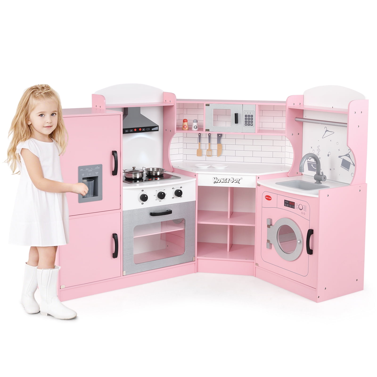 Costway Corner Play Kitchen Toddler Kitchen Playset with Range Hood ...