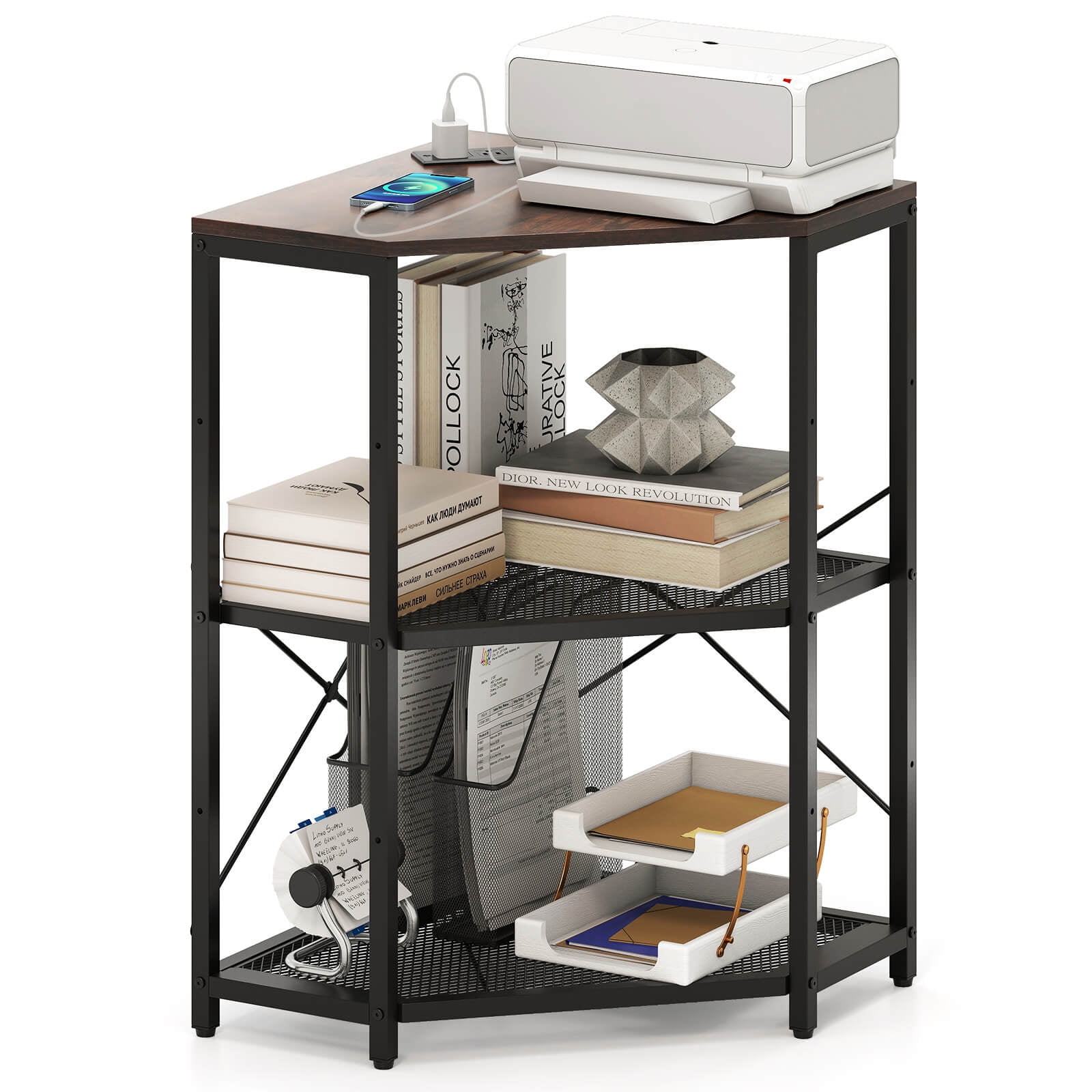 Costway Corner Printer Stand with Charging Station Adjustable Metal ...