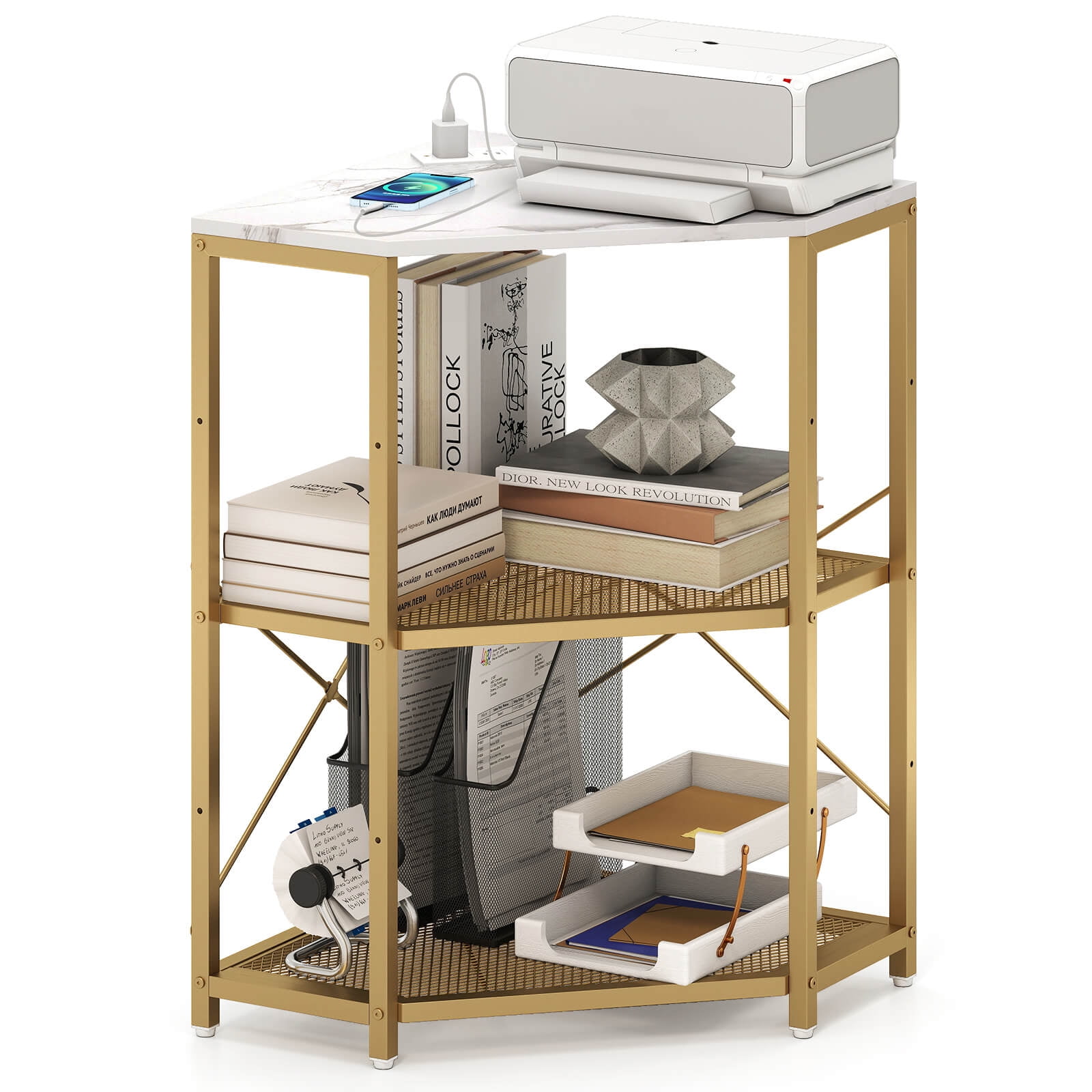 Costway Corner Printer Stand with Charging Station Adjustable Metal ...