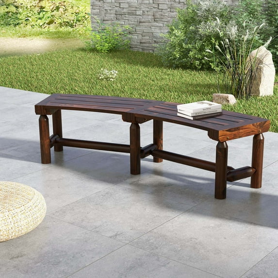 Costway Outdoor Patio Curved Bench, Carbonized Wood Dining Seats for ...