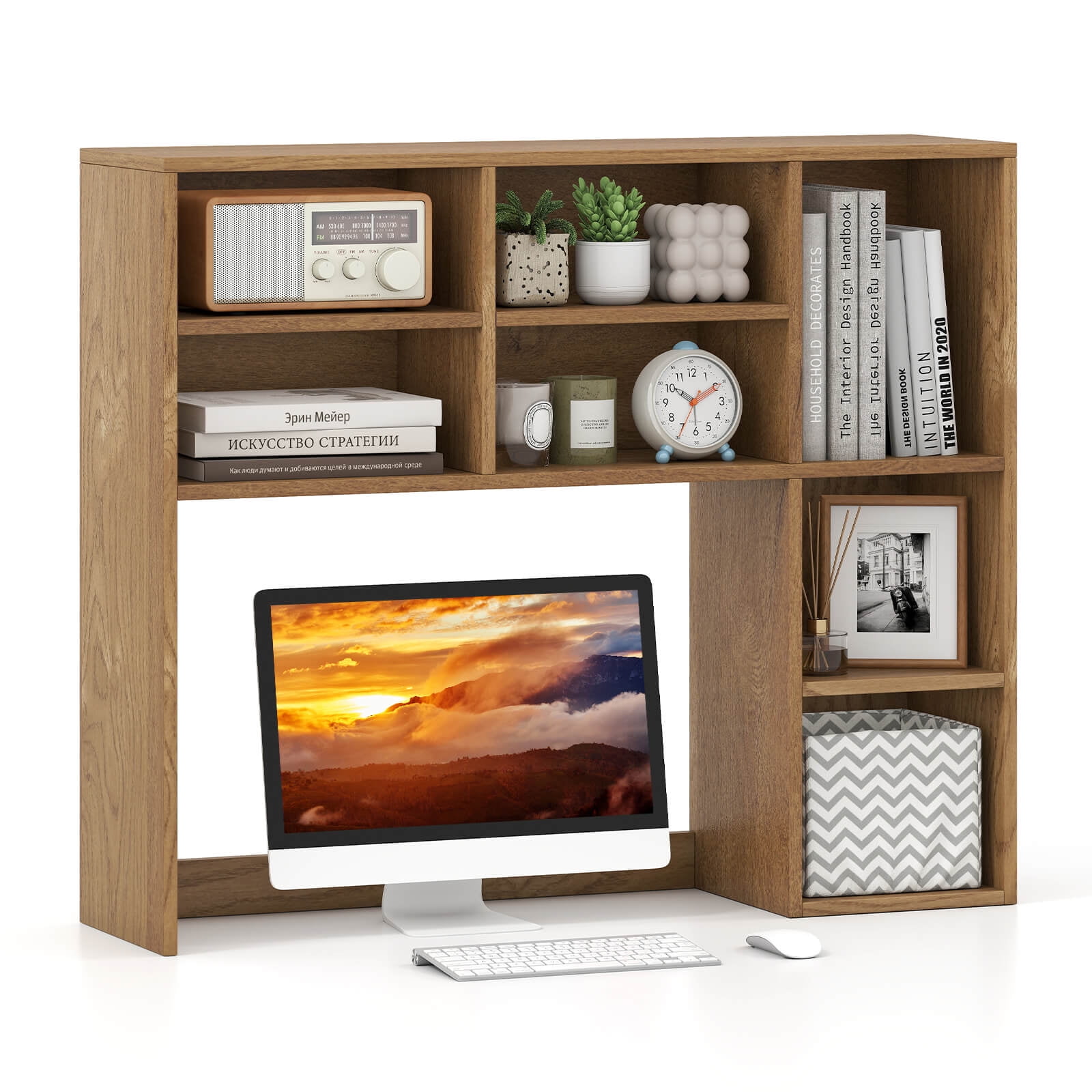 Costway Desktop Bookshelf Desk Storage Hutch with 7 Open Cubbies & 3 ...