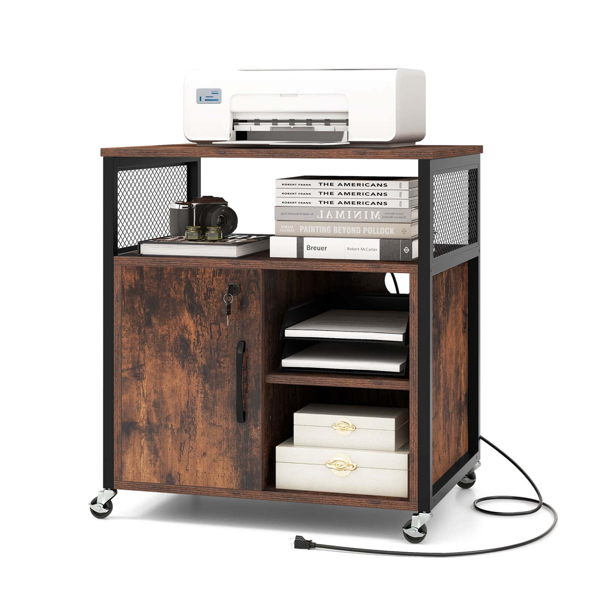 Costway File Cabinet on Wheels with Charging Station & Cable Management ...