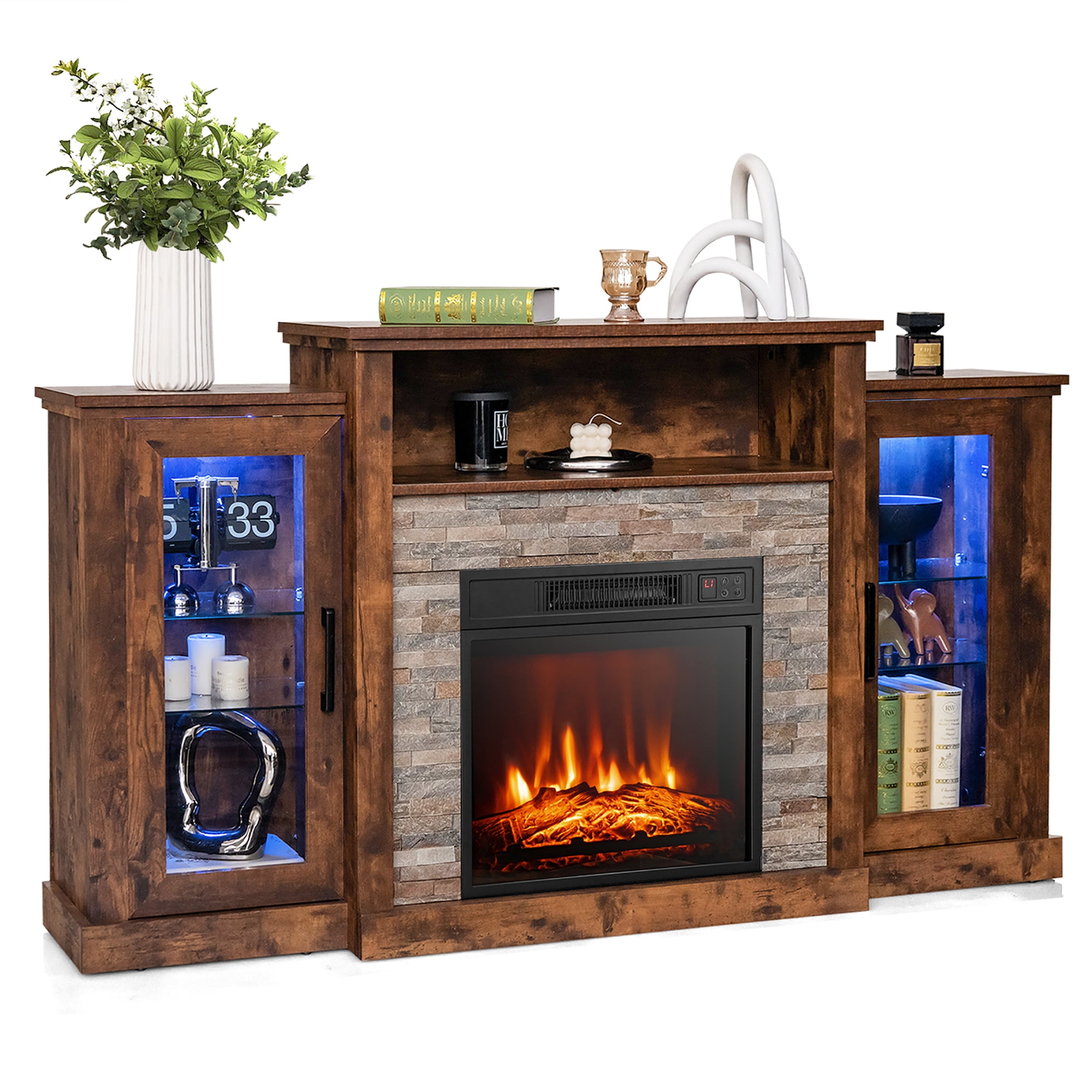 Costway Fireplace TV Stand w/ Led Lights & 18” Electric Fireplace for ...