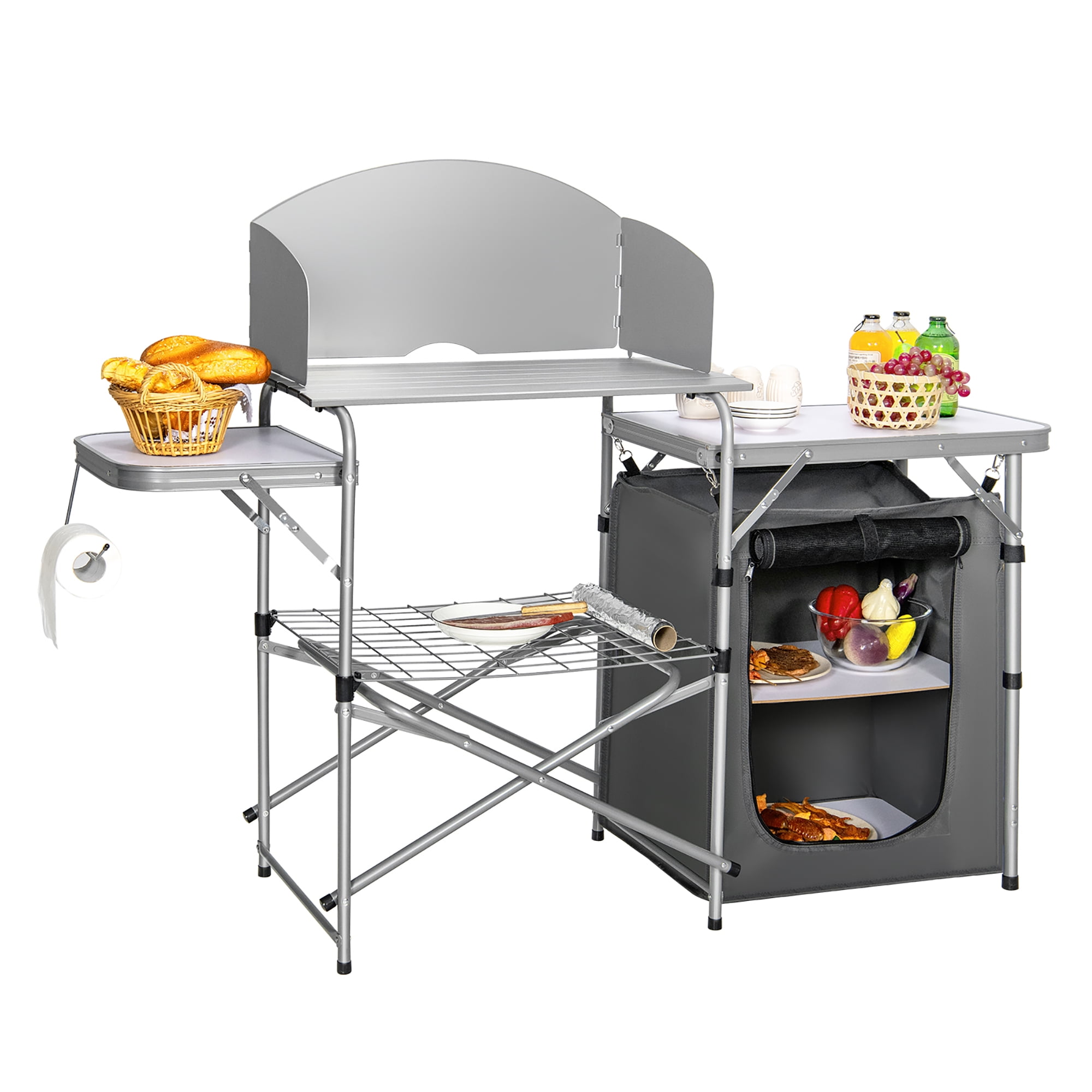 Costway Portable BBQ Camping Table with Windscreen & Bag, Foldable ...