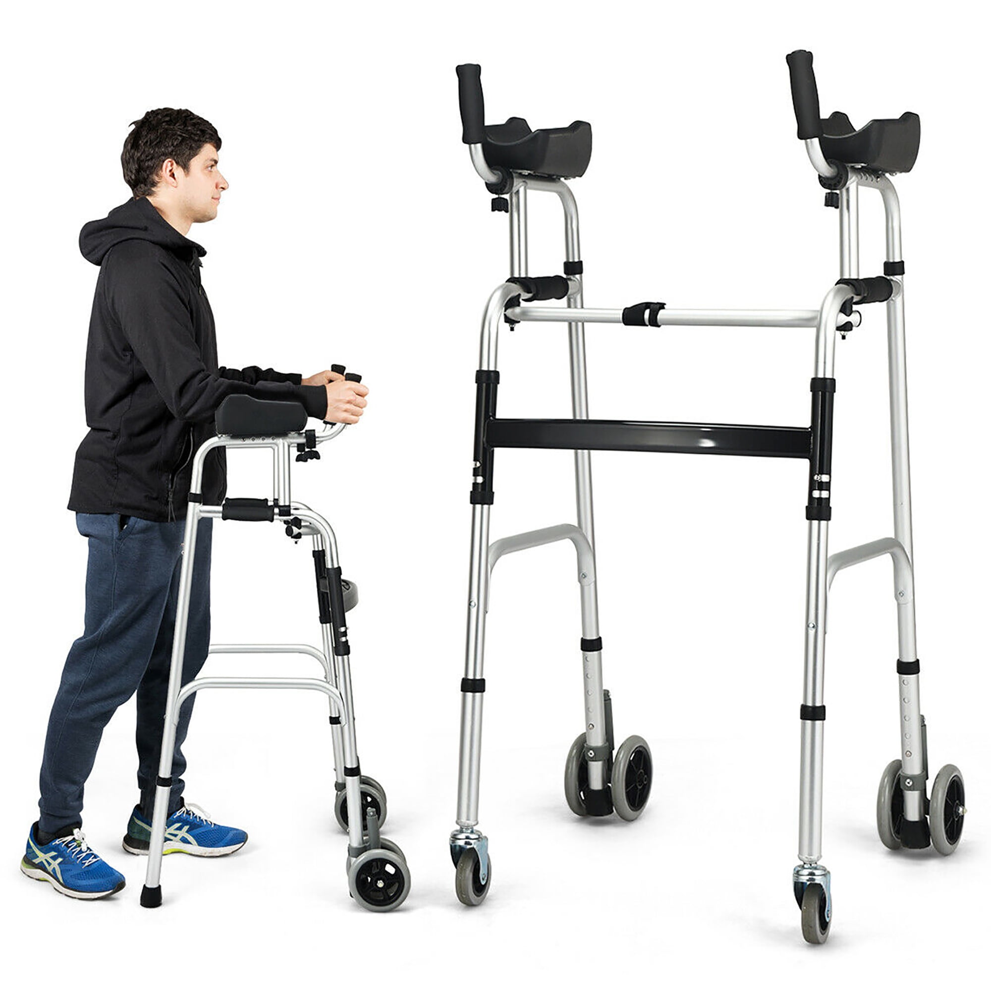 Costway Foldable Aluminum Walker, Adjustable Mobility Aid with Armrest ...