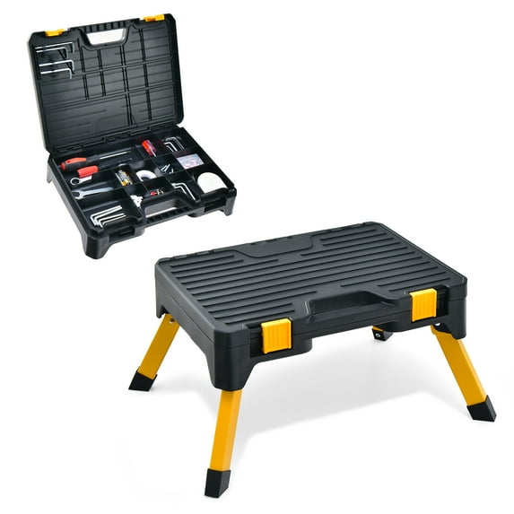 Costway Utility Foldable Step Ladder & Portable Toolbox, Solid Non-Slip ...