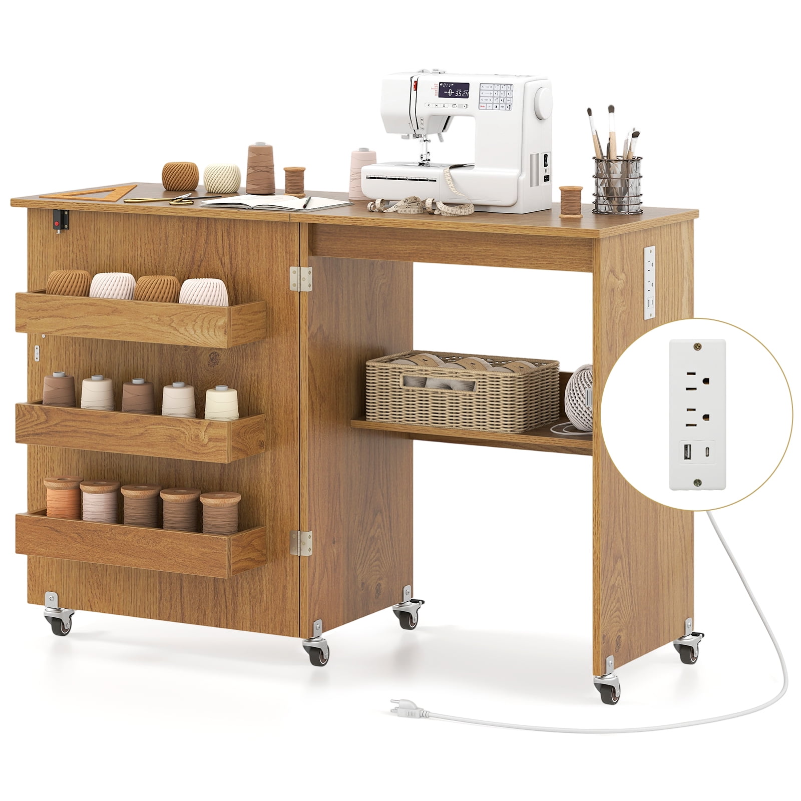 Costway Folding Sewing Machine Table Lockable Casters Rack with 3 ...