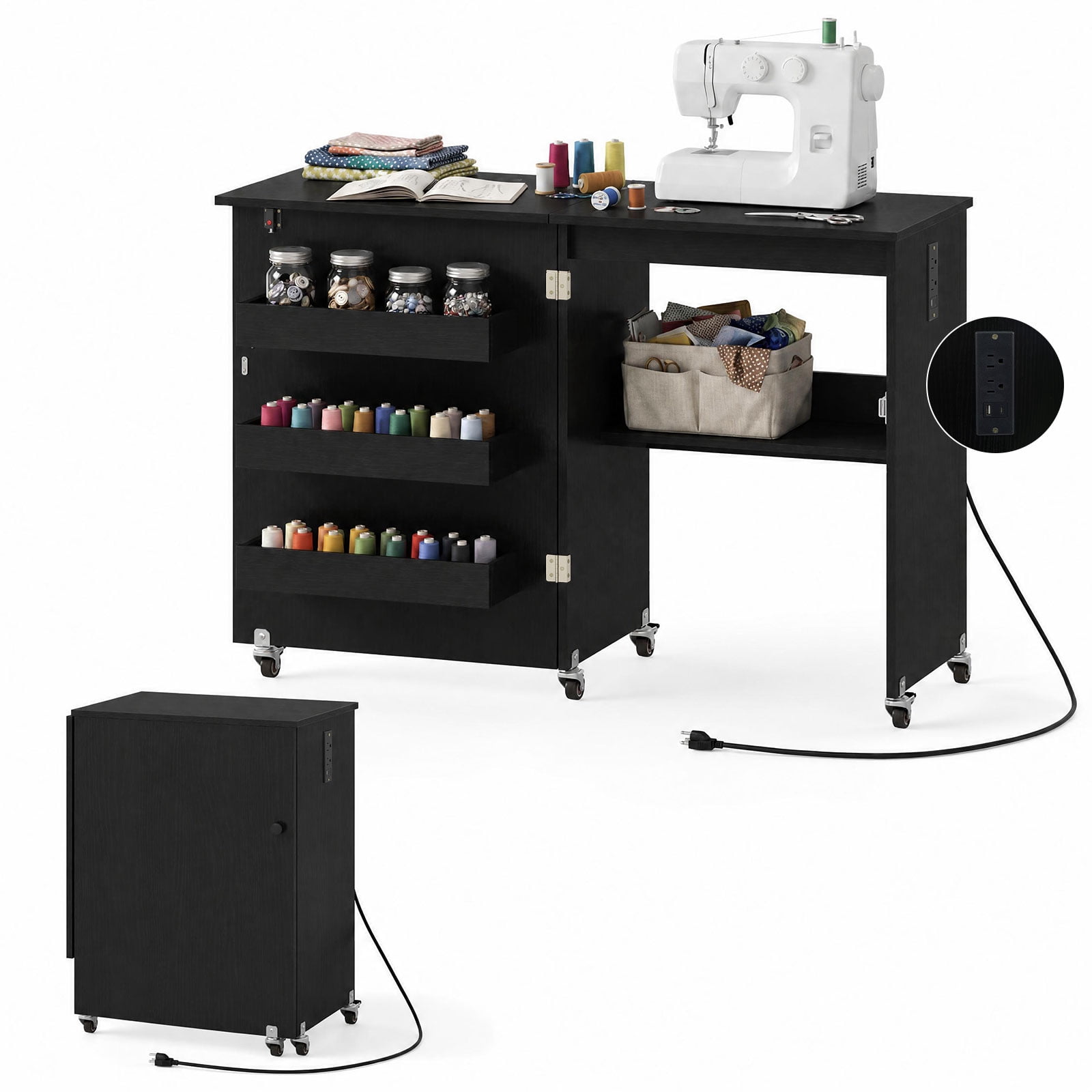 Costway Folding Sewing Machine Table with Power Outlets, 3 Storage Bins ...