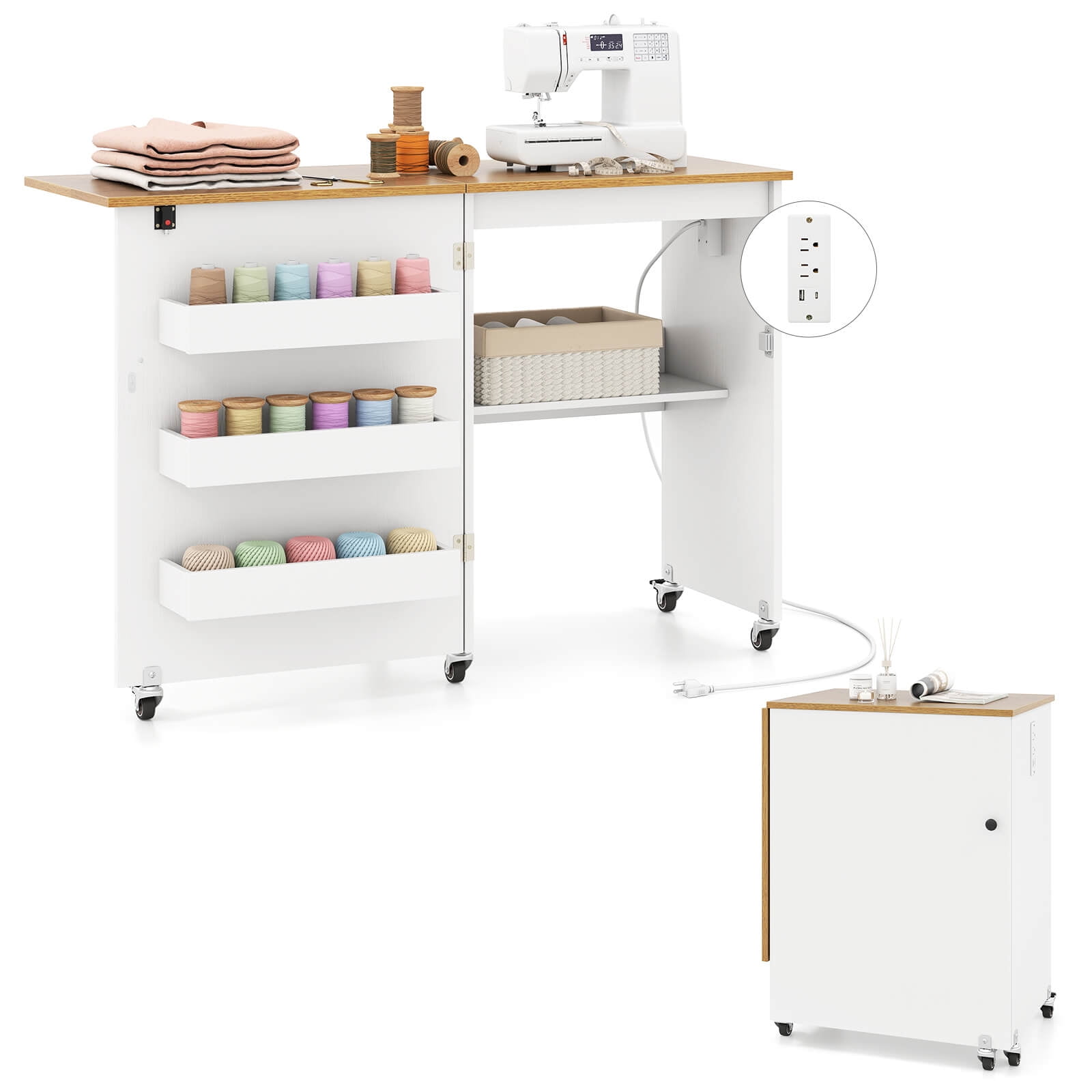 Costway Folding Sewing Table Rolling Craft Station with 3 Storage Bins ...