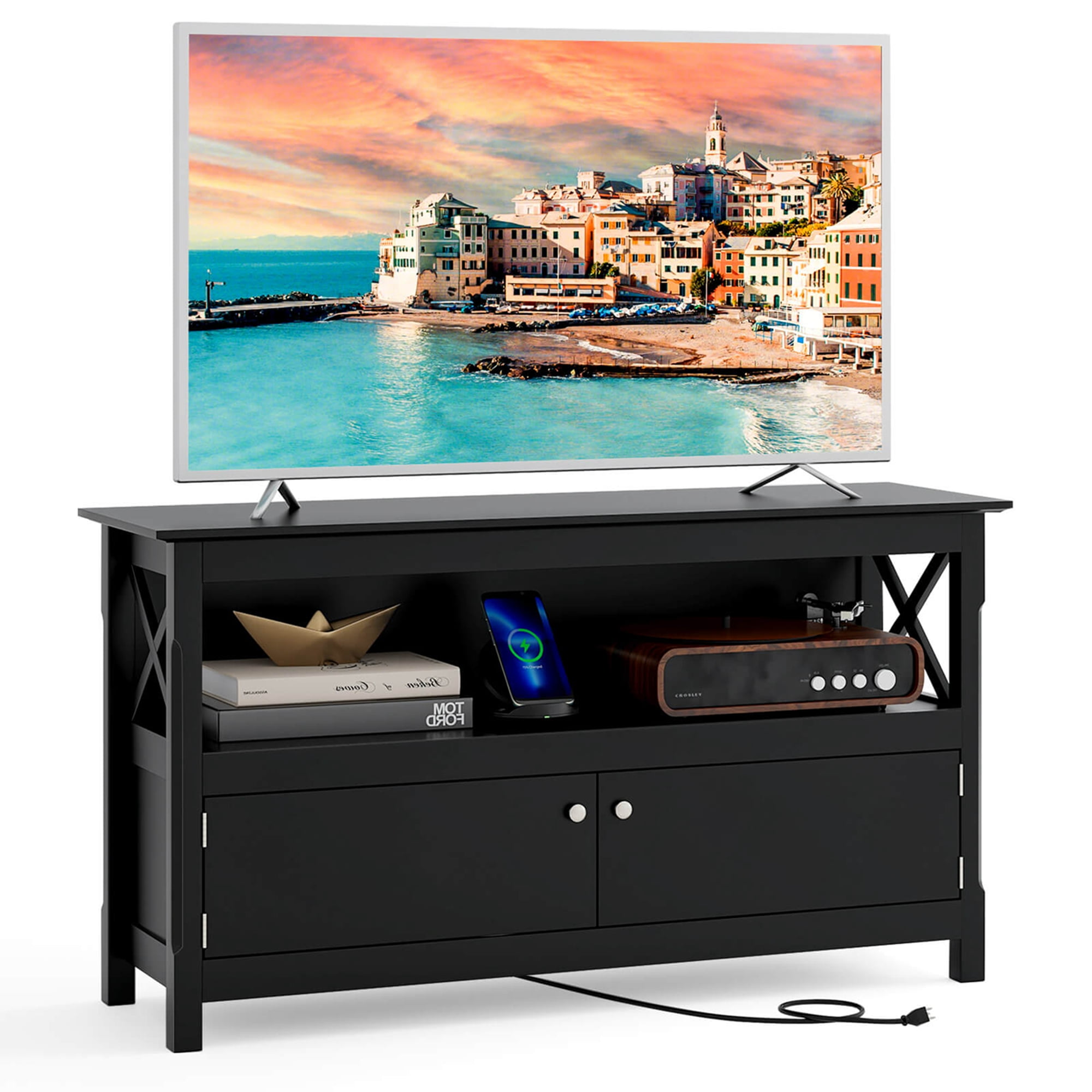 Costway Wooden Television Stand with Storage Center and Closed Cabinets ...