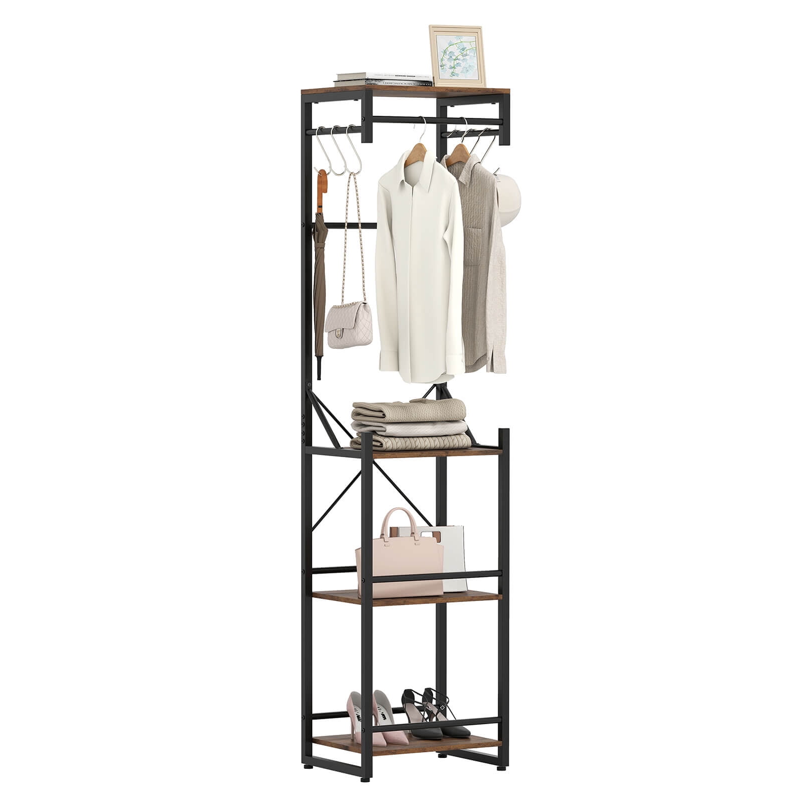 Costway Freestanding Coat Rack with 4 Storage Shelves 6 Hooks & 3 ...
