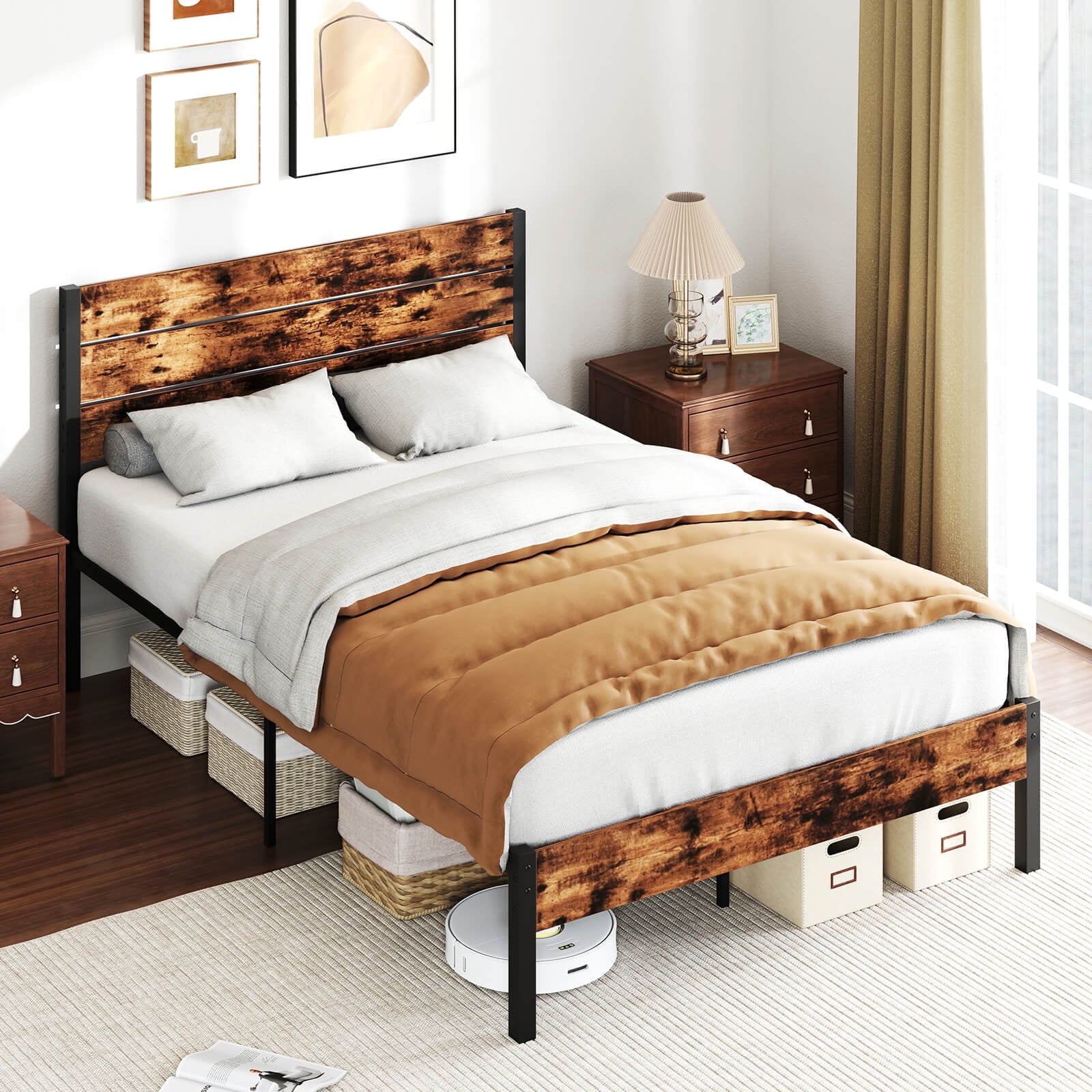 Costway Full Bed Frame with Tall Industrial Headboard Heavy-Duty Metal ...