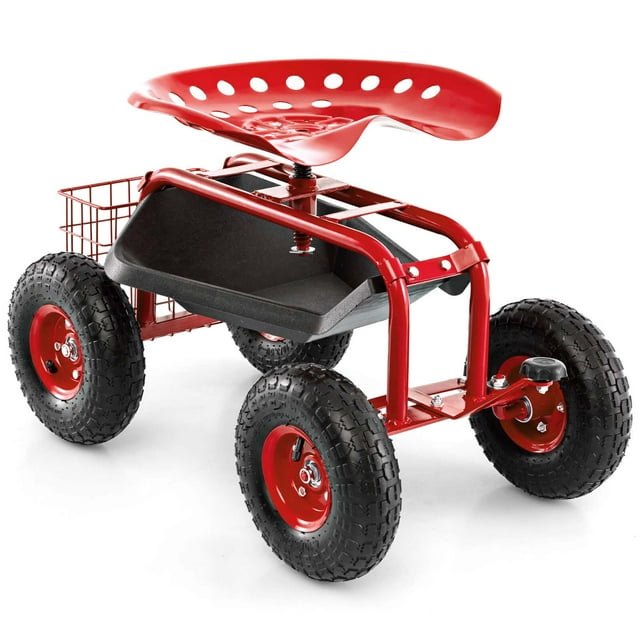 Costway Garden Cart Patio Wagon Rolling Work Seat with Tool Tray Basket ...