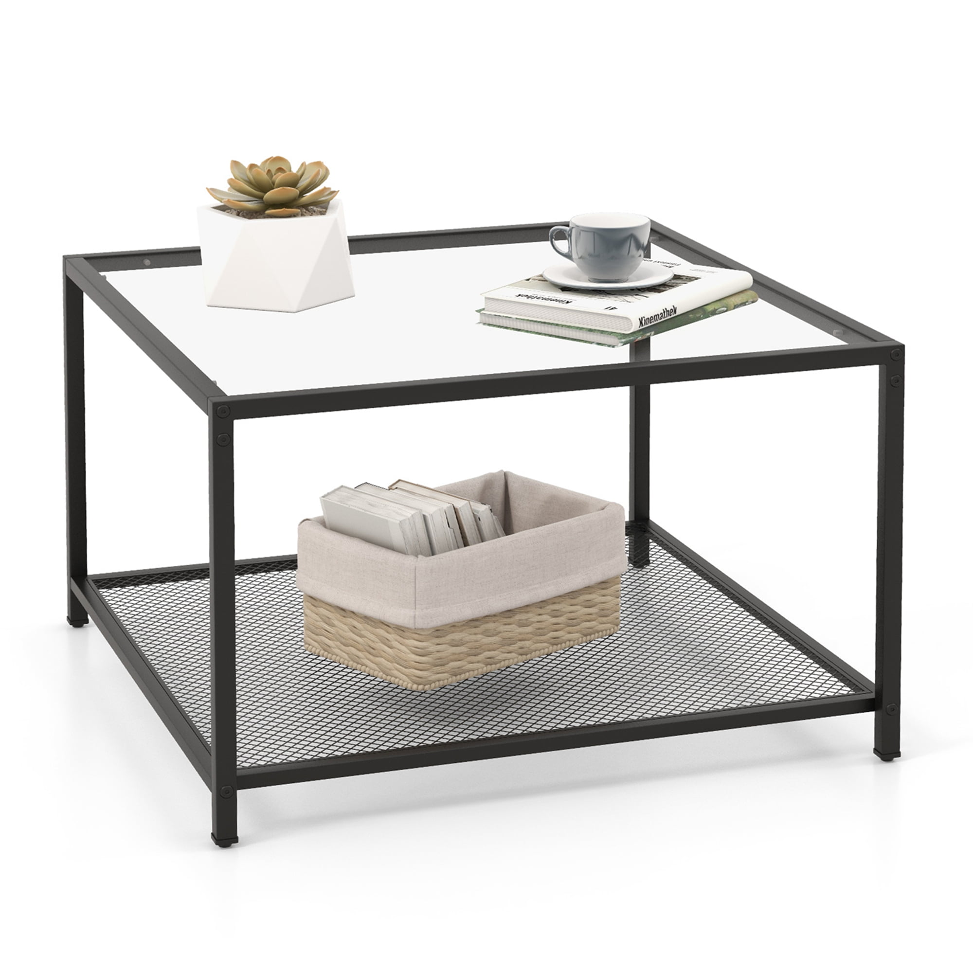 Costway Glass Coffee Table 27.5 Inch 2-Tier Square with Mesh Shelf ...