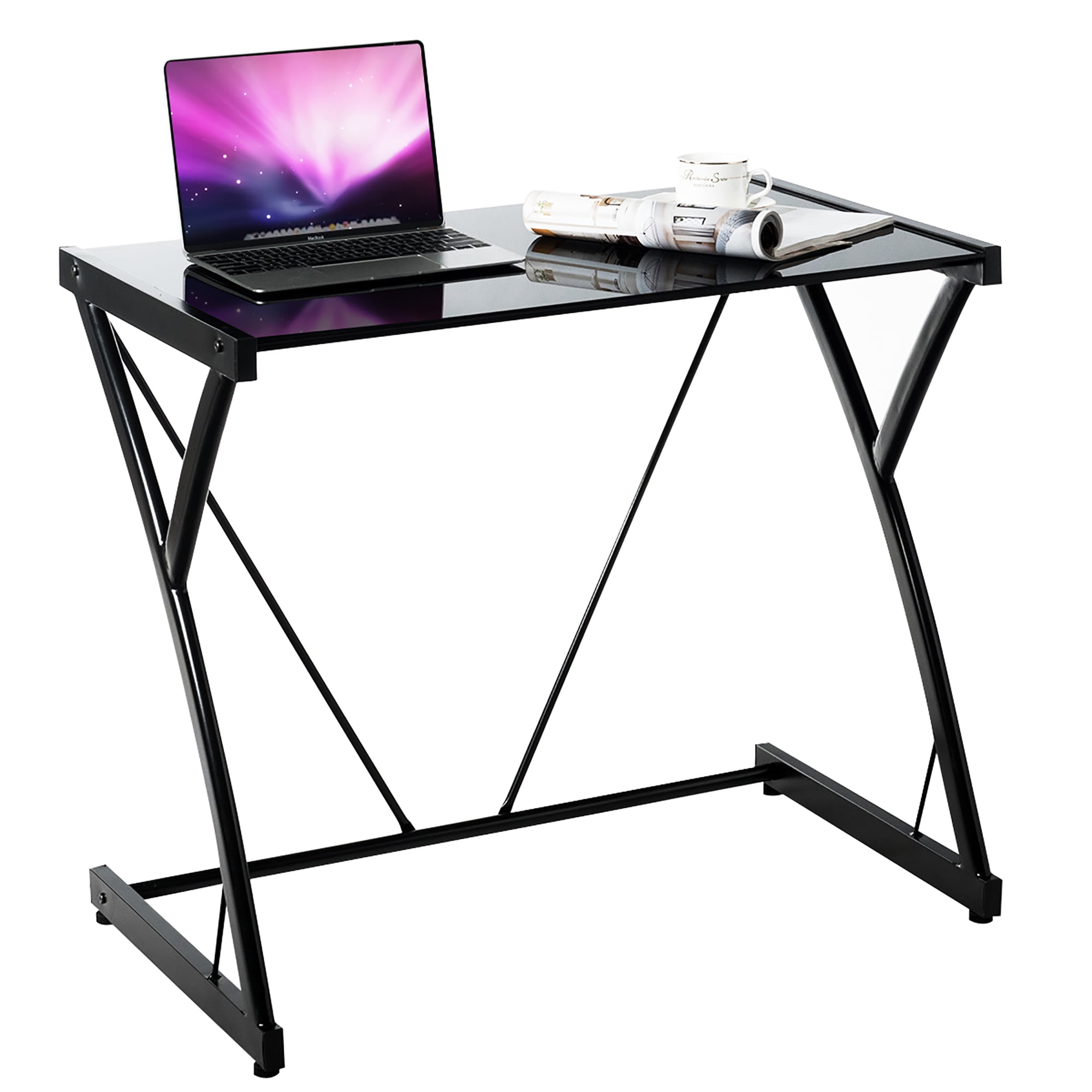 Costway Large Home Office Glass Top Computer Desk, Z-Shaped Metal Frame ...