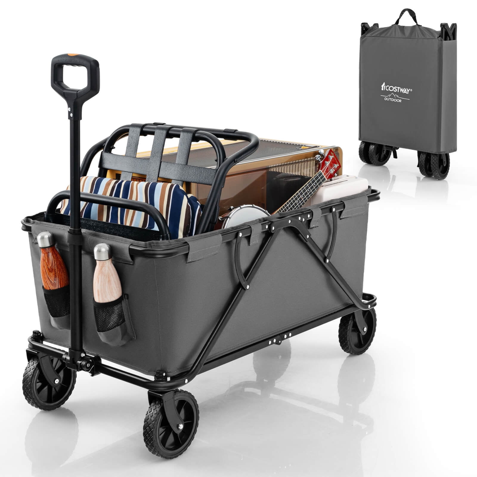 Costway Heavy-Duty Wagon Cart with Adjustable Handlebar Bottle Holders ...
