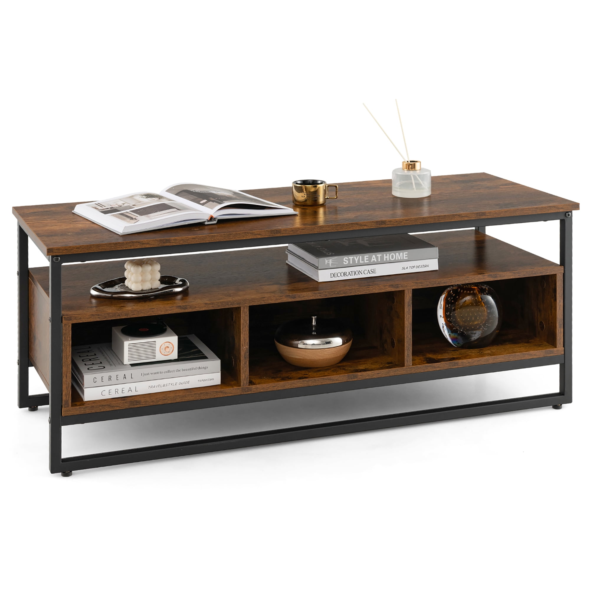 Costway Industrial Coffee Table with Open Shelf, 3 Cubbies, Metal Frame ...