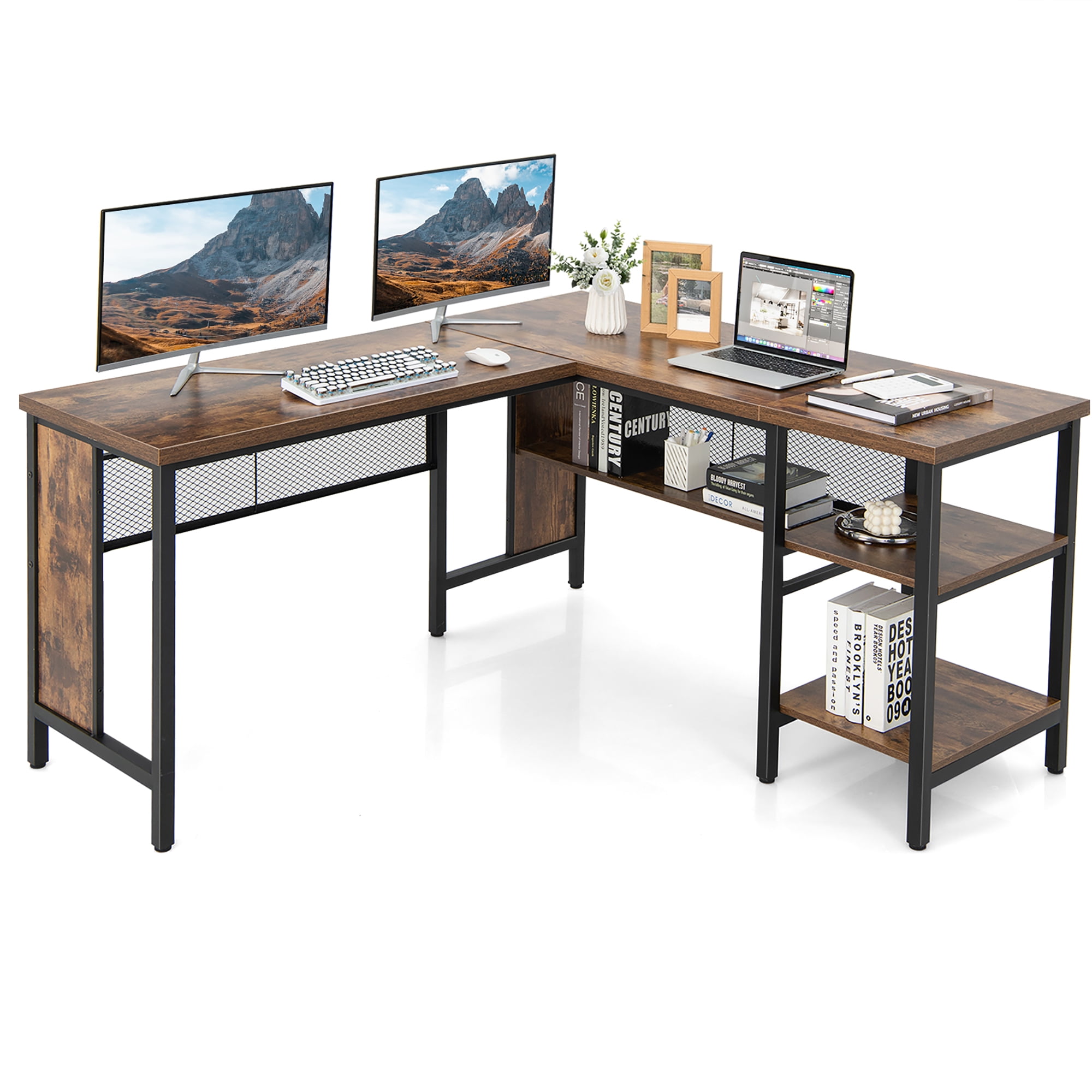 Costway Industrial L-Shaped Study Space Corner Computer Desk Office ...