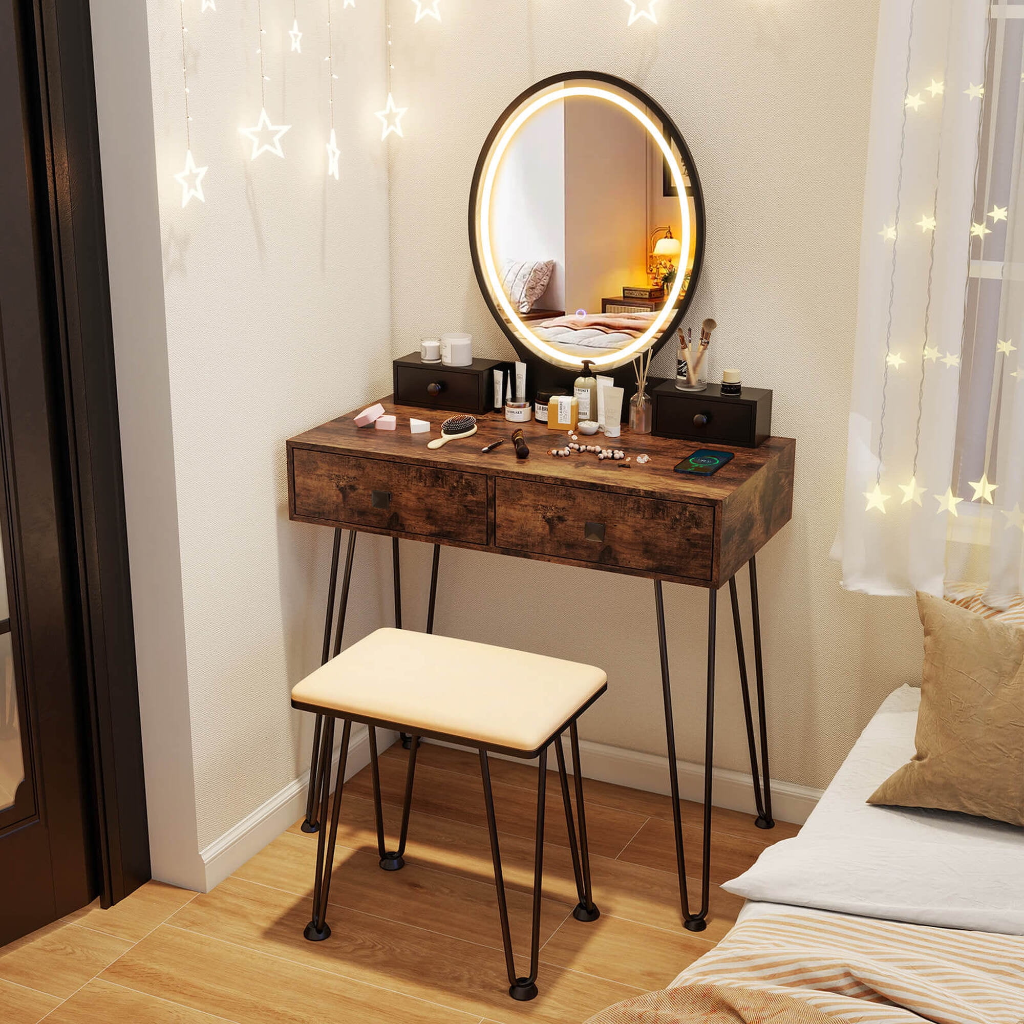 Costway Industrial Vanity Makeup Table, Padded Stool, Metal Drawers ...
