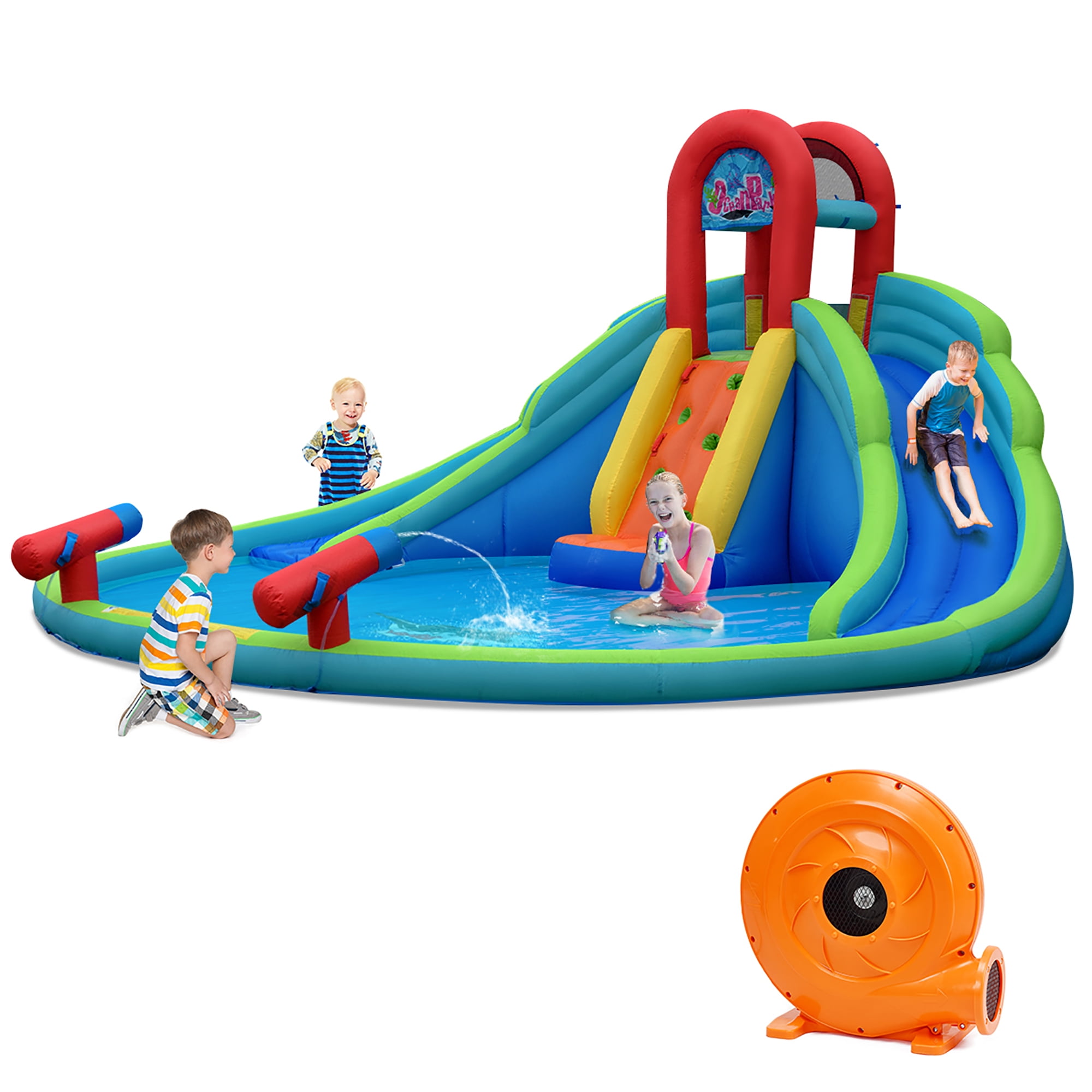 Costway Inflatable Bounce House with Splash Pool, Dual Slide, Climbing ...