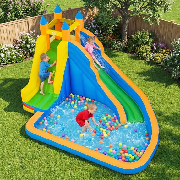 Costway Inflatable Water Slide, Bounce House with Climbing Wall, Splash ...