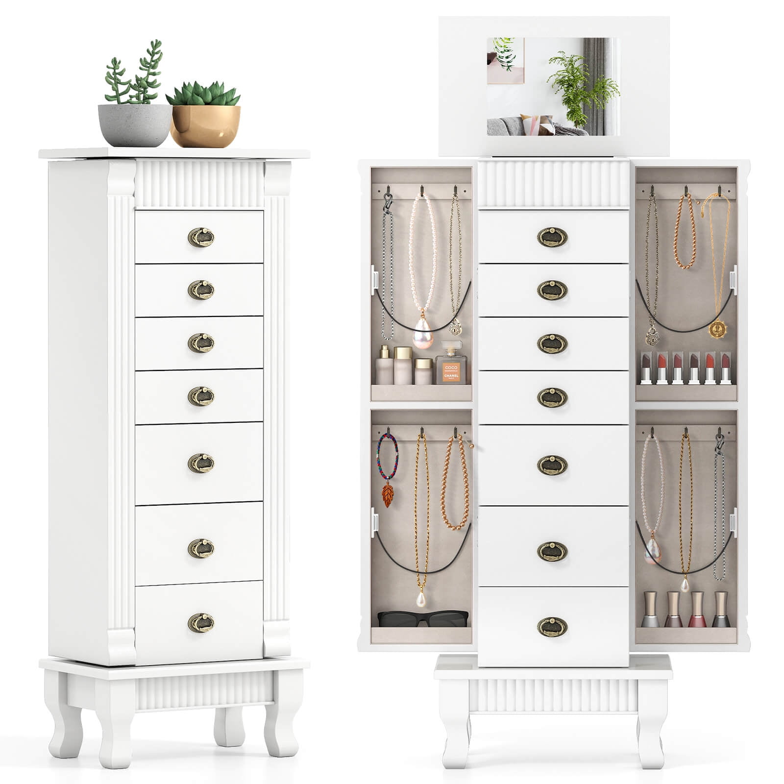 Costway Jewelry Cabinet Armoire Box Storage Chest Stand Organizer Wood ...