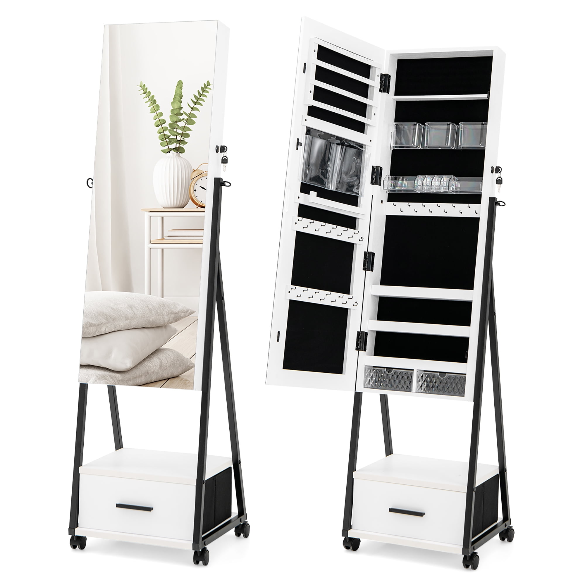 Costway Jewelry Cabinet Armoire Full Length Mirror Lockable w/ Bottom ...