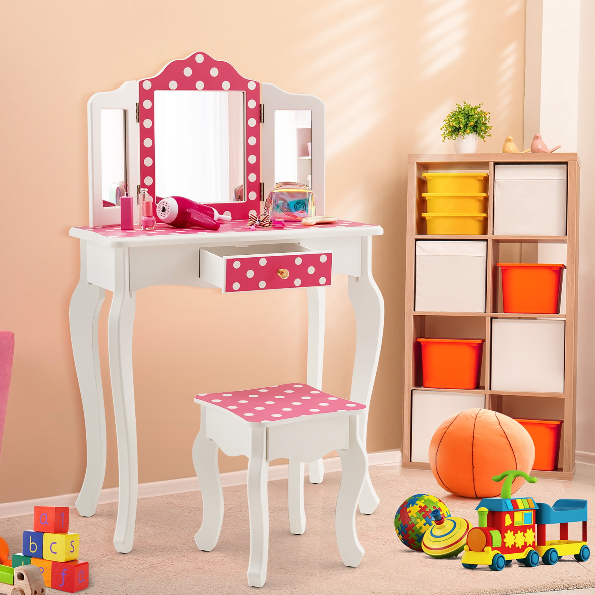 Costway Children's Vanity Set with Drawer, Dressing Table, Stool, Tri ...