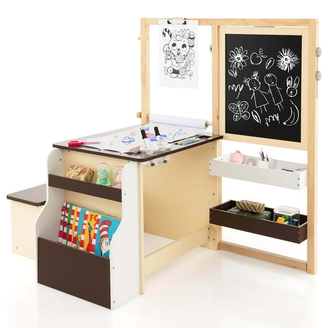 Costway Kids Adjustable Double-Sided Easel Art Center Set with Storage ...