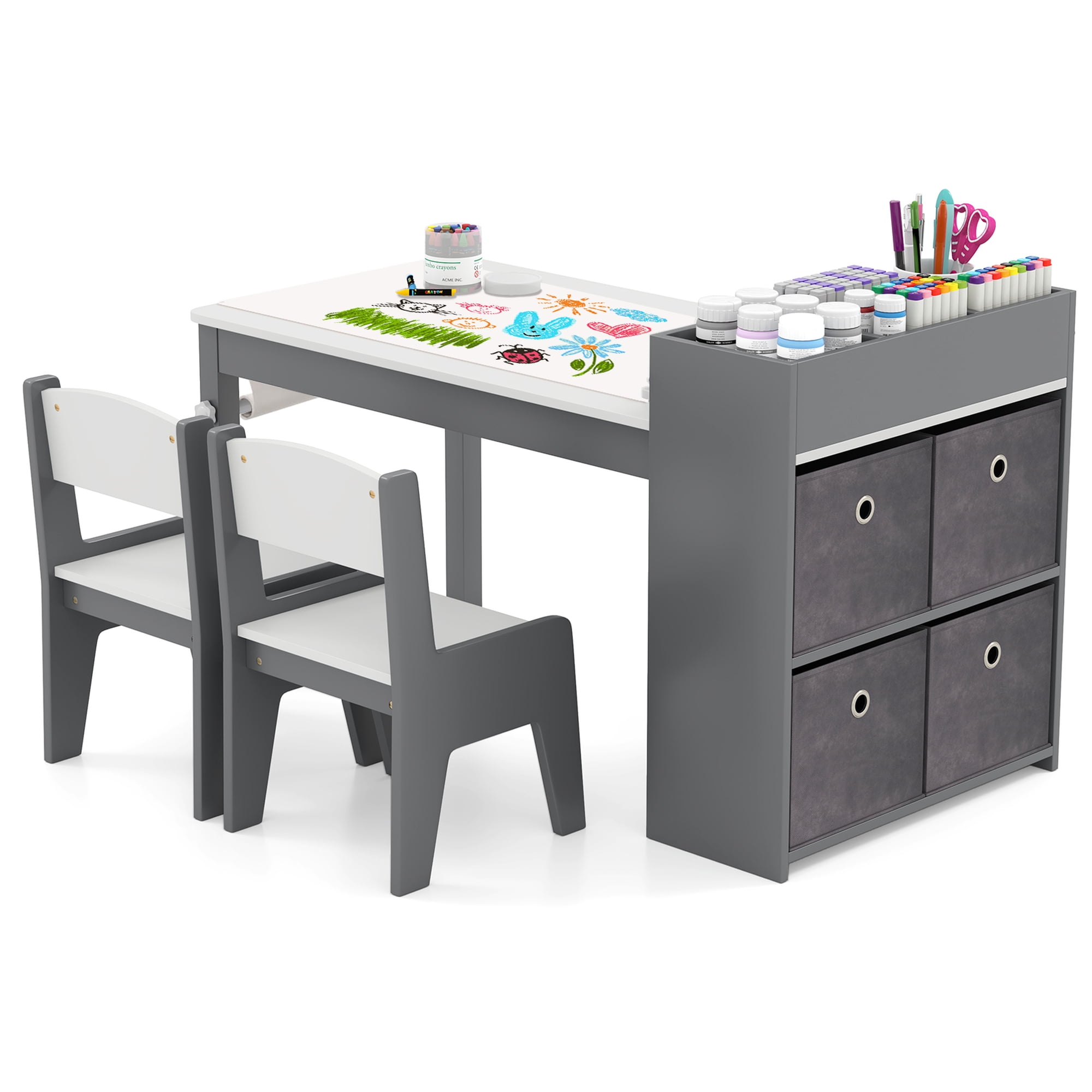 Costway Kids Art Table & Chairs Set with Paper Roll Wooden Craft Study ...