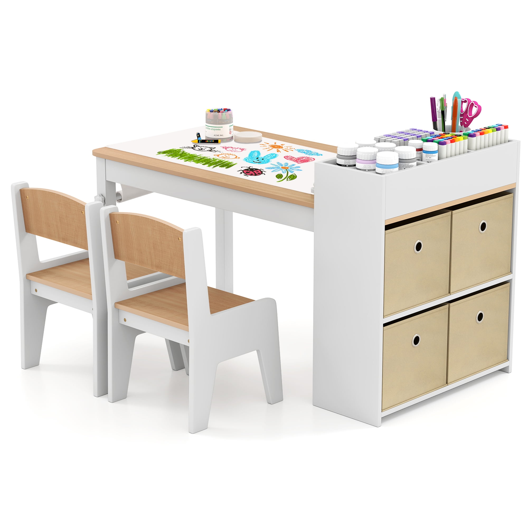 Costway Kids Art Table & Chairs Set with Paper Roll Wooden Craft Study ...