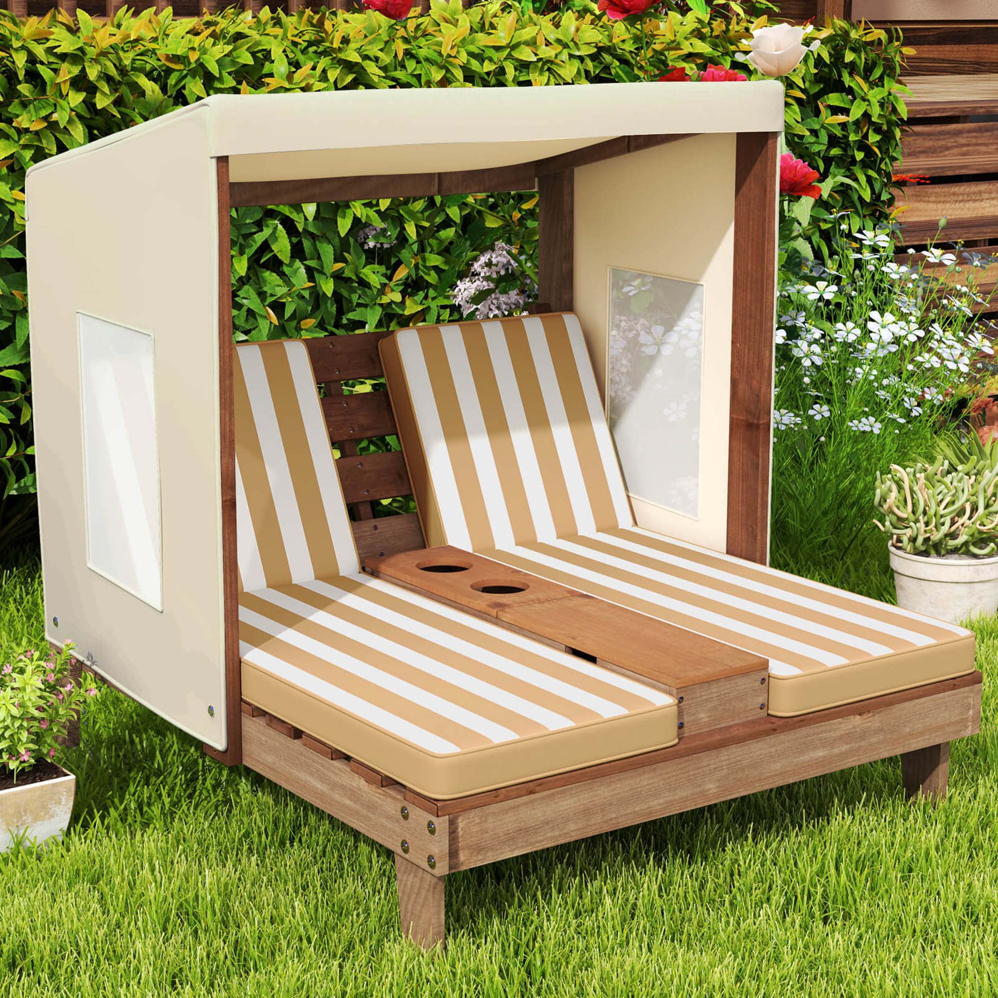 Costway Kids Double Chaise Lounge Patio Lounge Chair with Cup Holders ...