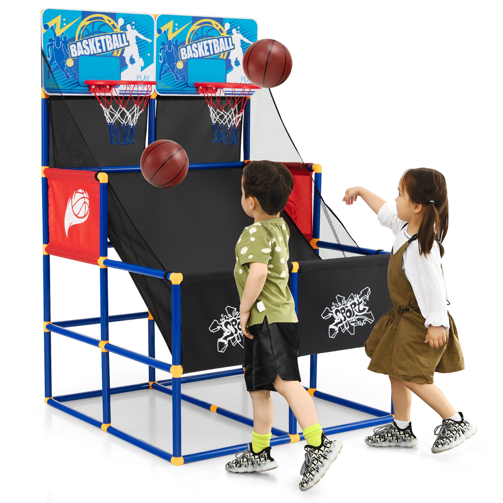 Costway Kids Dual Hoop Sports Basketball Arcade Game for Outdoor w/ 4 ...