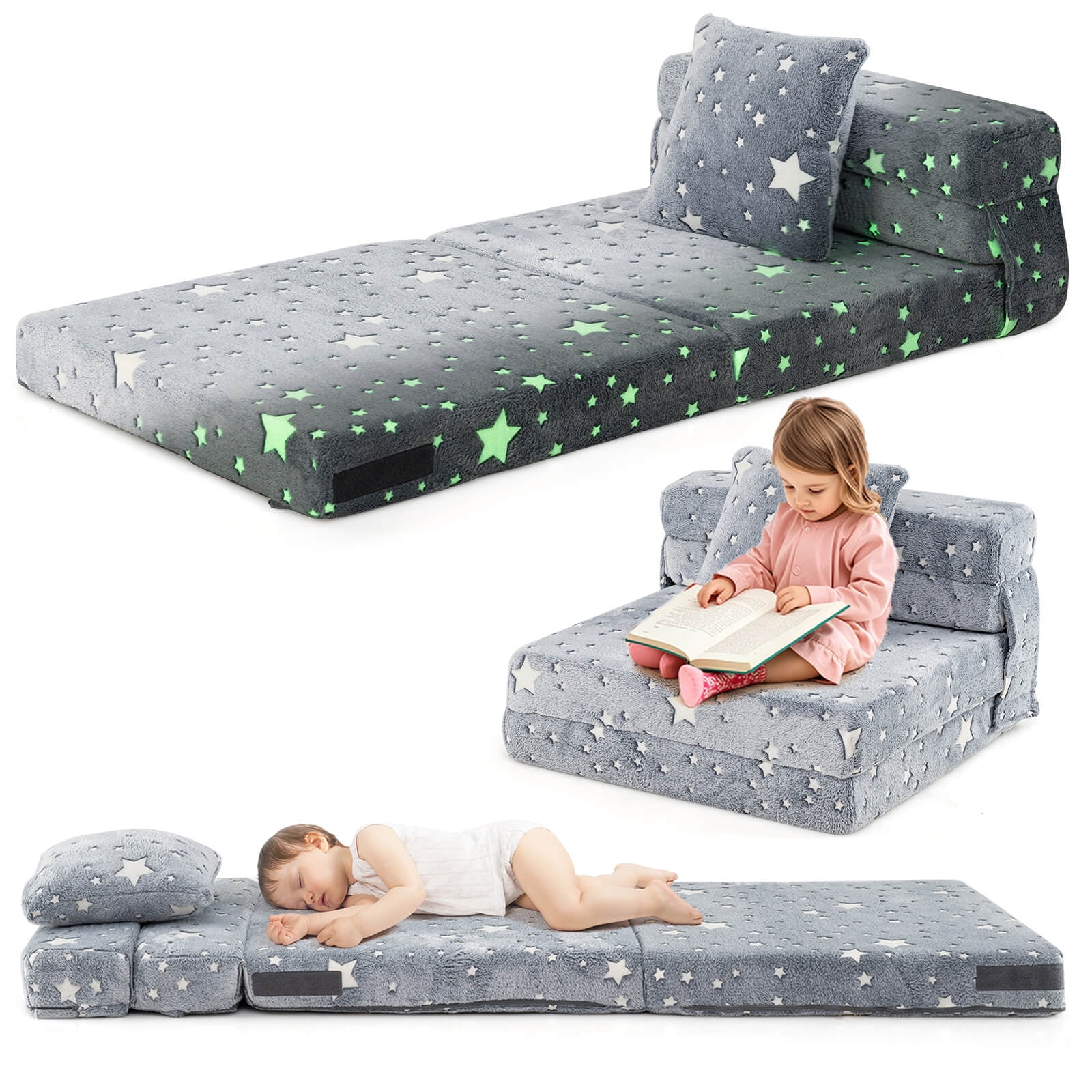 Costway Kids Folding Sofa Bed Floor Mattress with Throw Pillow ...