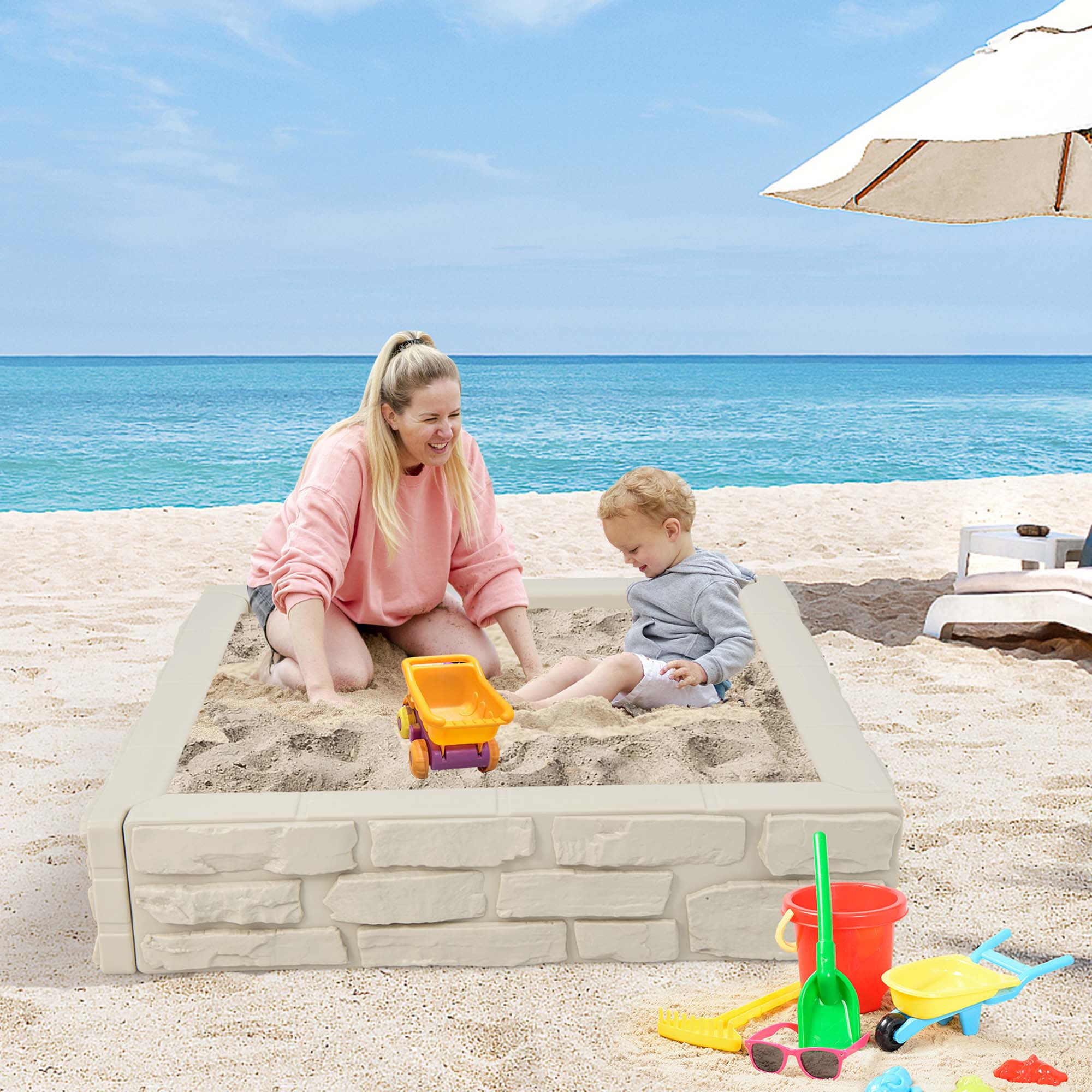 Costway Kids Outdoor Sandbox with Cover, Liner, Backyard Beach HDPE ...