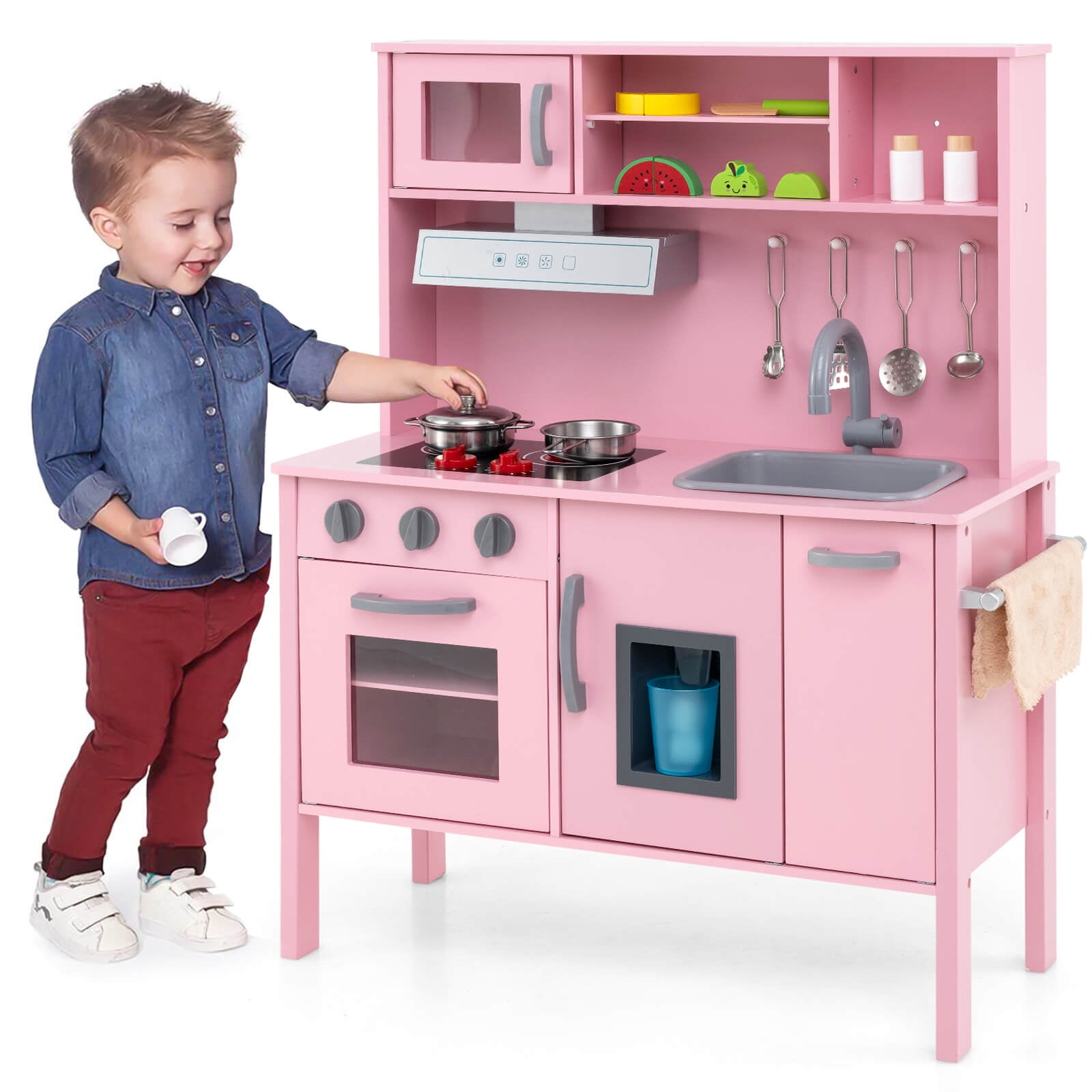 Costway Kids Kitchen Playset Wooden Pretend Play Chef Toy with ...