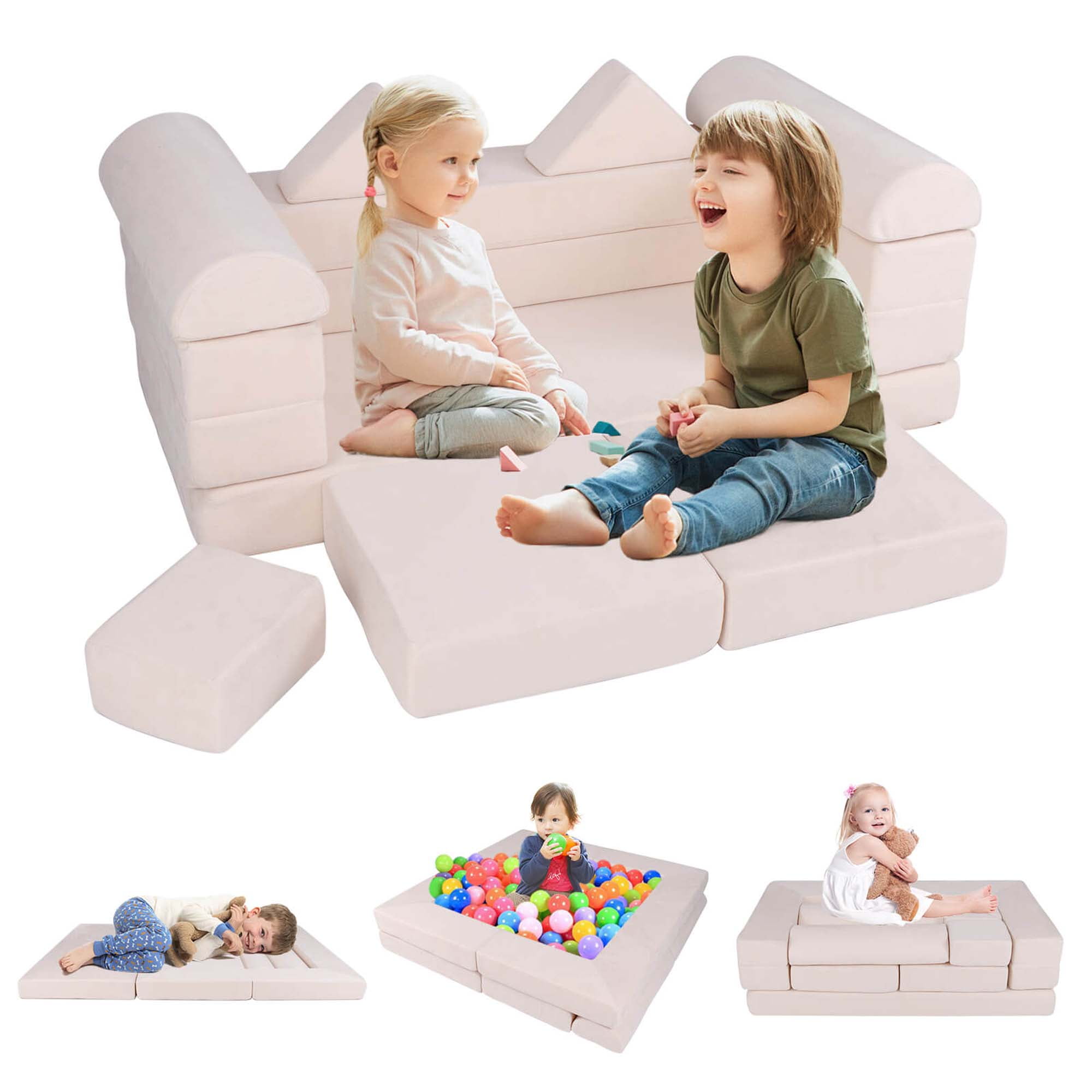 Costway Kids Modular Play Couch Play Set with Suede Fabric Cover High ...