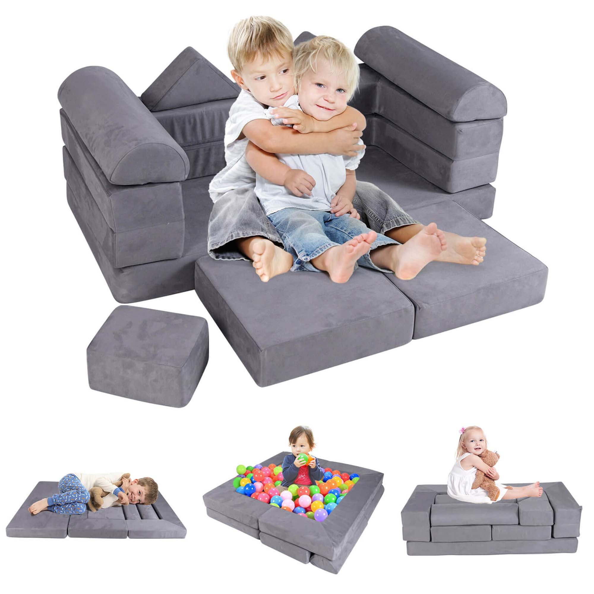 Costway Kids Modular Play Couch Play Set with Suede Fabric Cover High ...