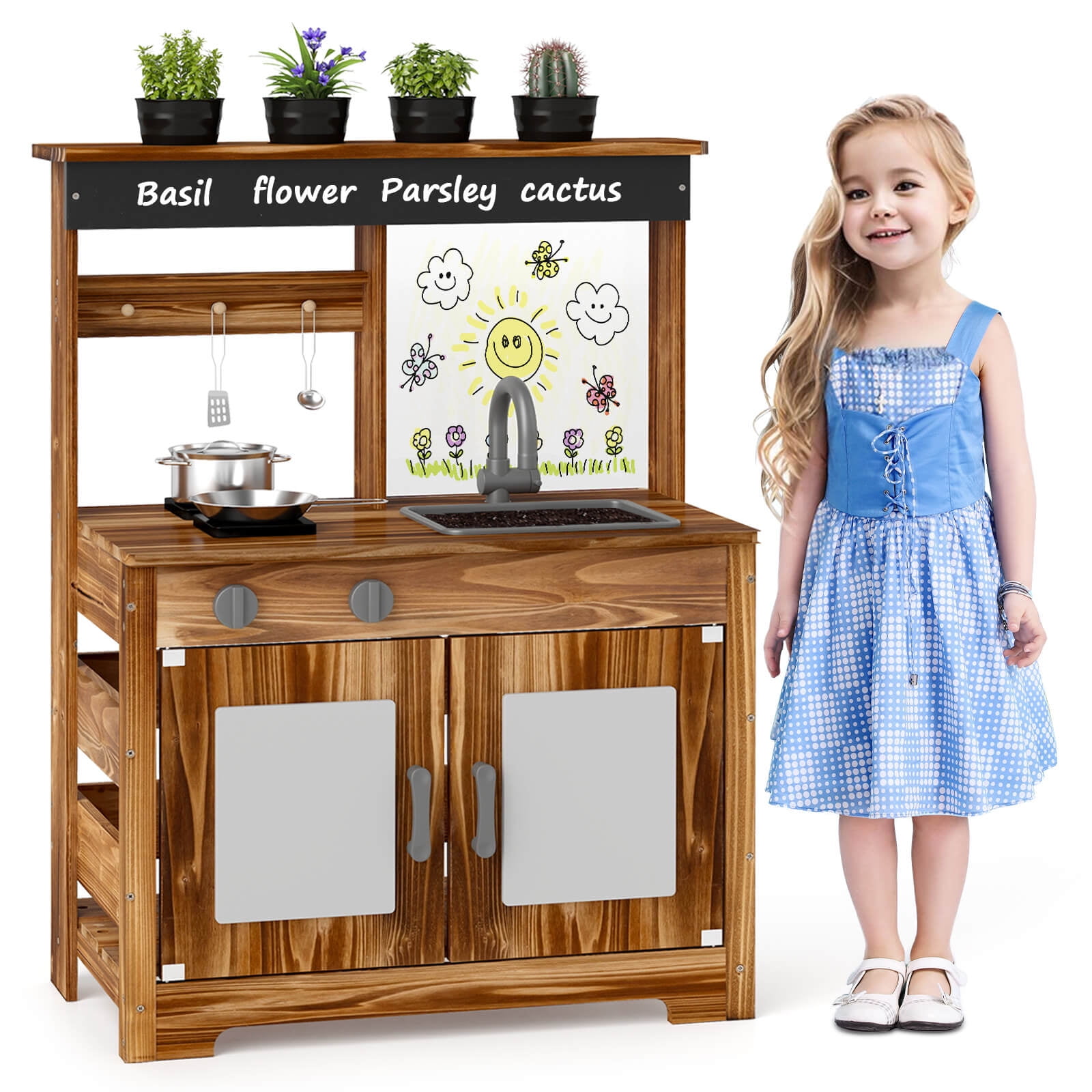 Costway Kids Mud Kitchen Set with Removable Sink Faucet Dual Stoves 4 ...