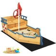 Costway Kids Pirate Boat Wood Sandbox w/ Bench Seat & Flag Wooden ...