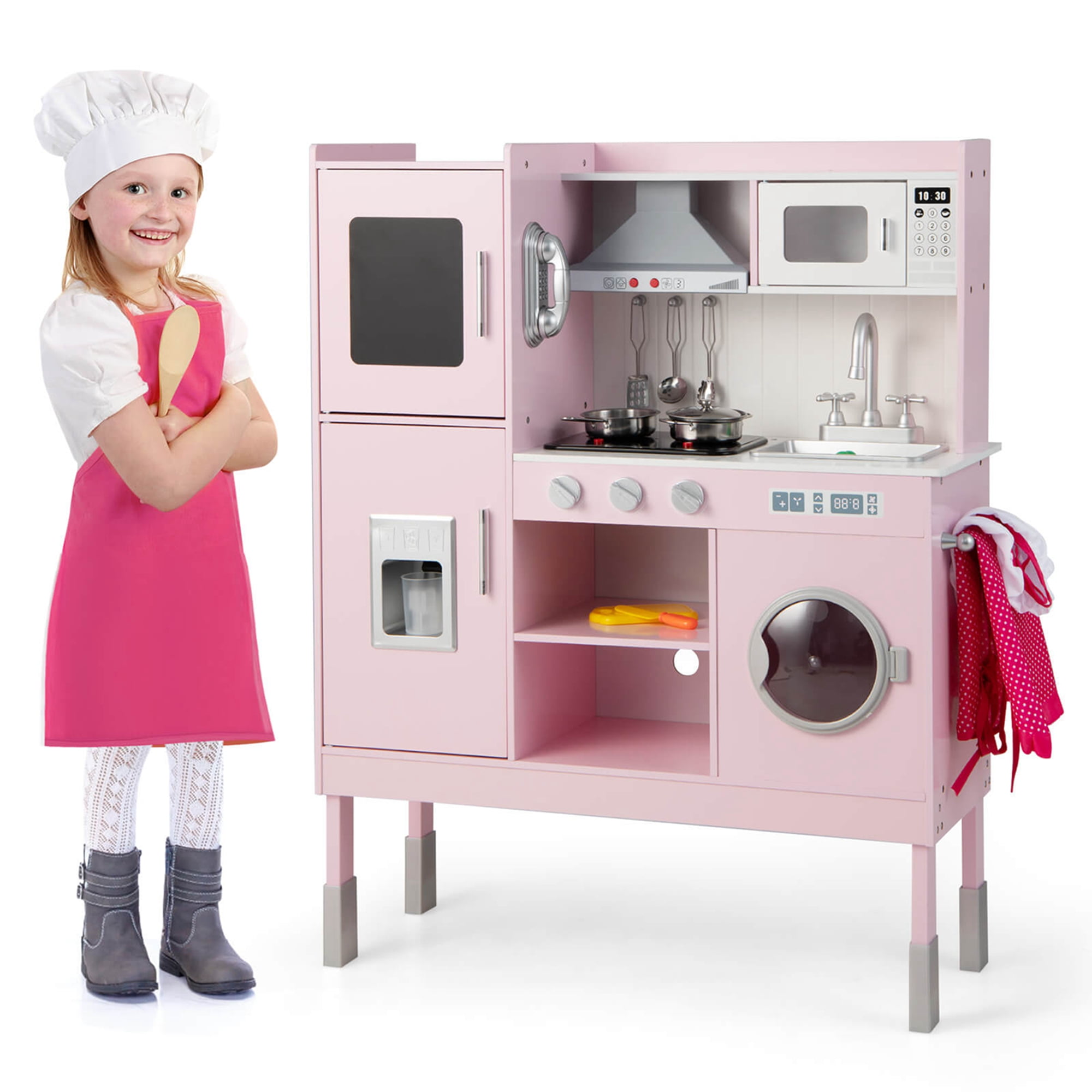 Costway Children's Realistic Kitchen Playset with Lights, Large Storage ...