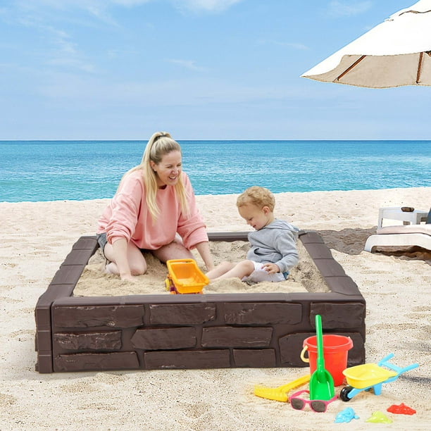 Costway Kids Sandbox with Cover Bottom Liner Backyard Beach HDPE ...