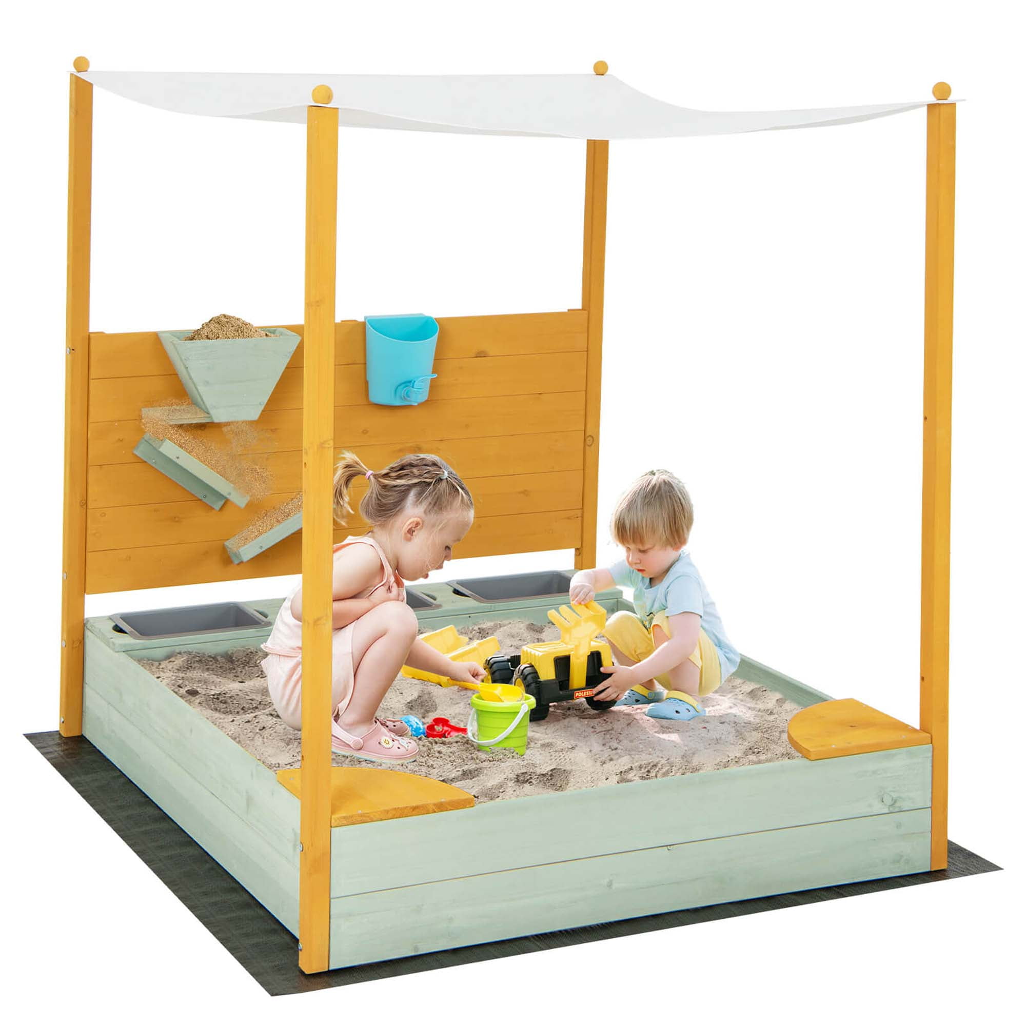 Costway Kids Sandbox with Sand Wall Detachable Canopy Bottom Liner ...